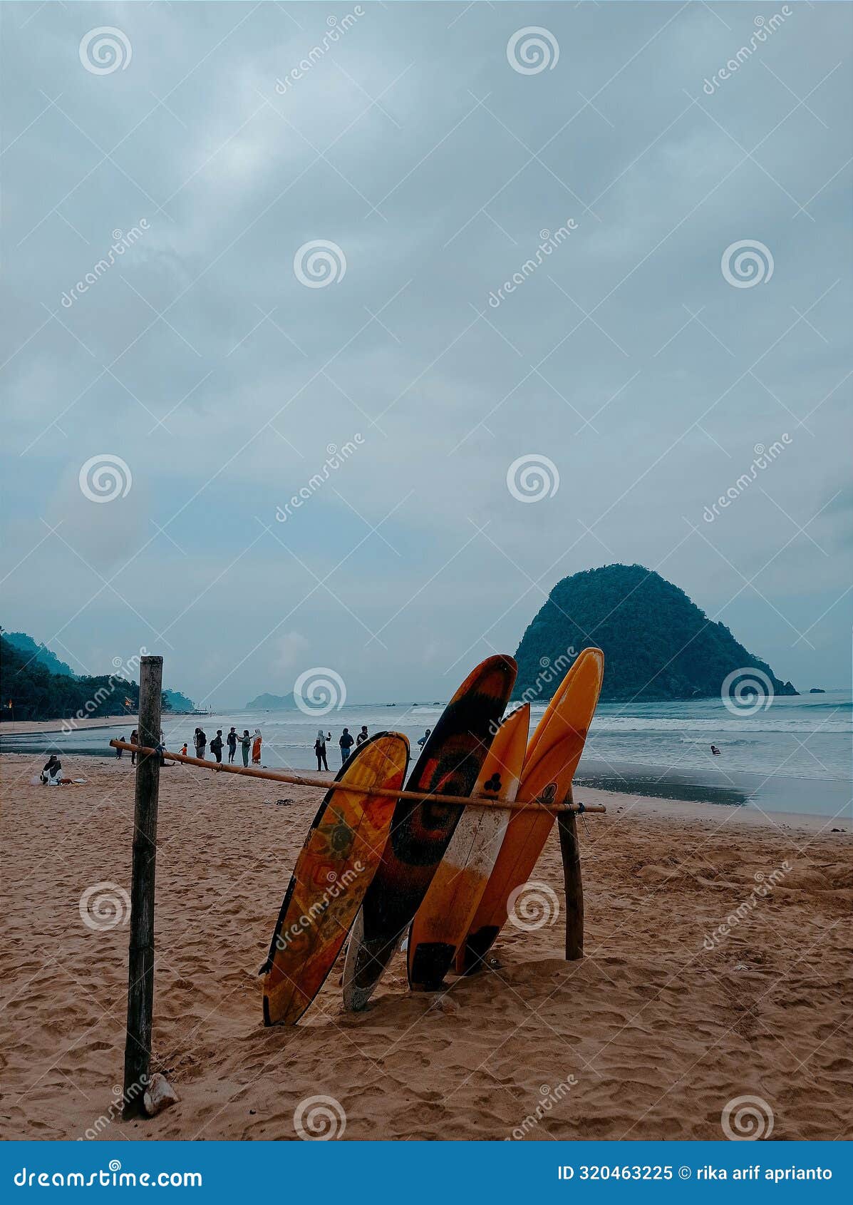 Surf Board on the Beach with Island Background Stock Image - Image of ...