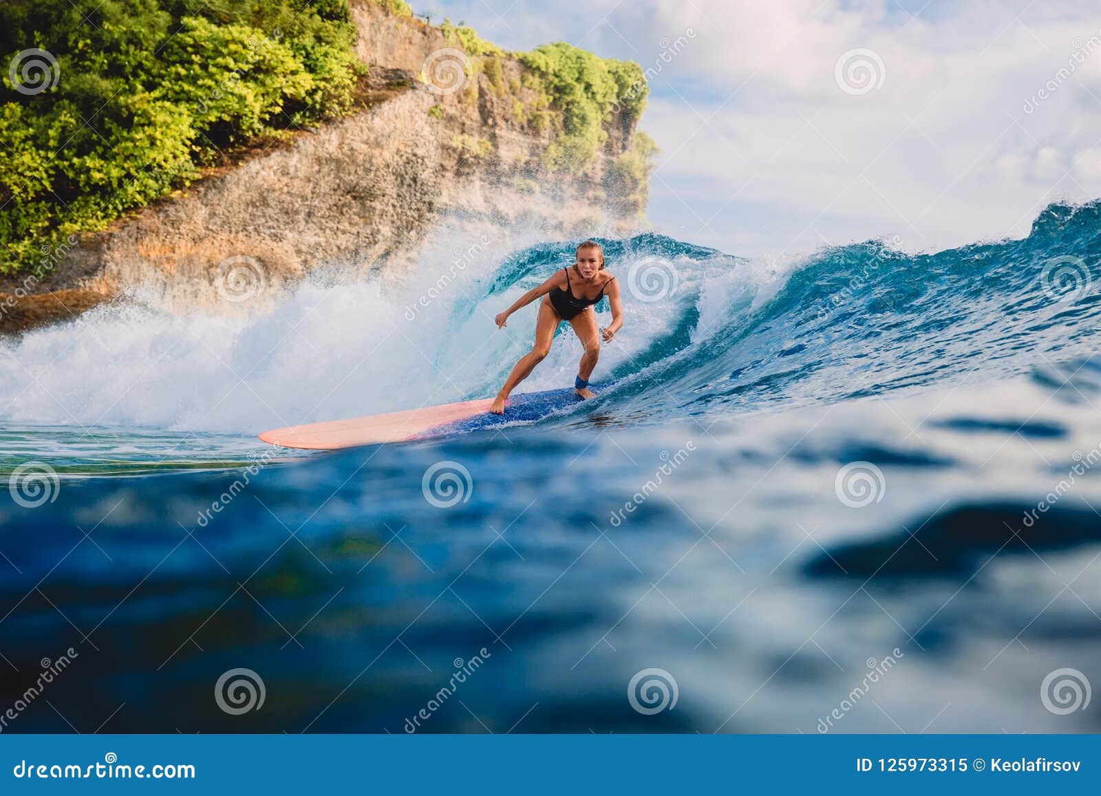 Surf Girl On Long Surfboard Woman In Ocean During Surfing Surfer And