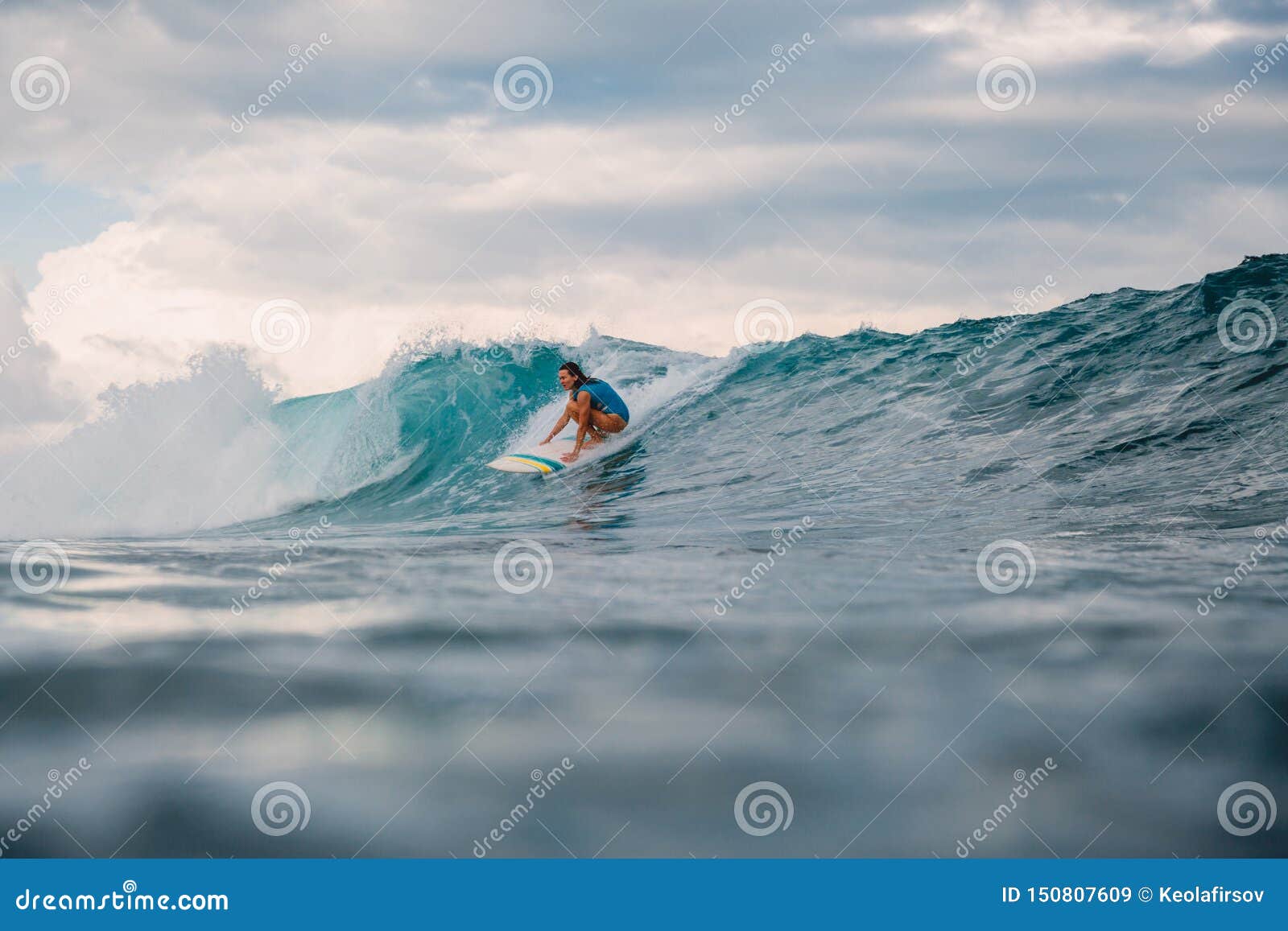 Surf Girl On Surfboard Woman In Ocean During Surfing Stock Image