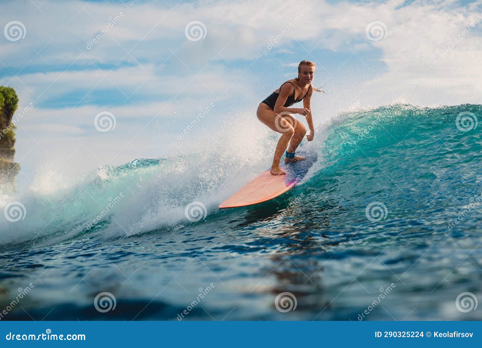 Surf Girl On Surfboard Woman In Blue Ocean During Surfing Surfer On