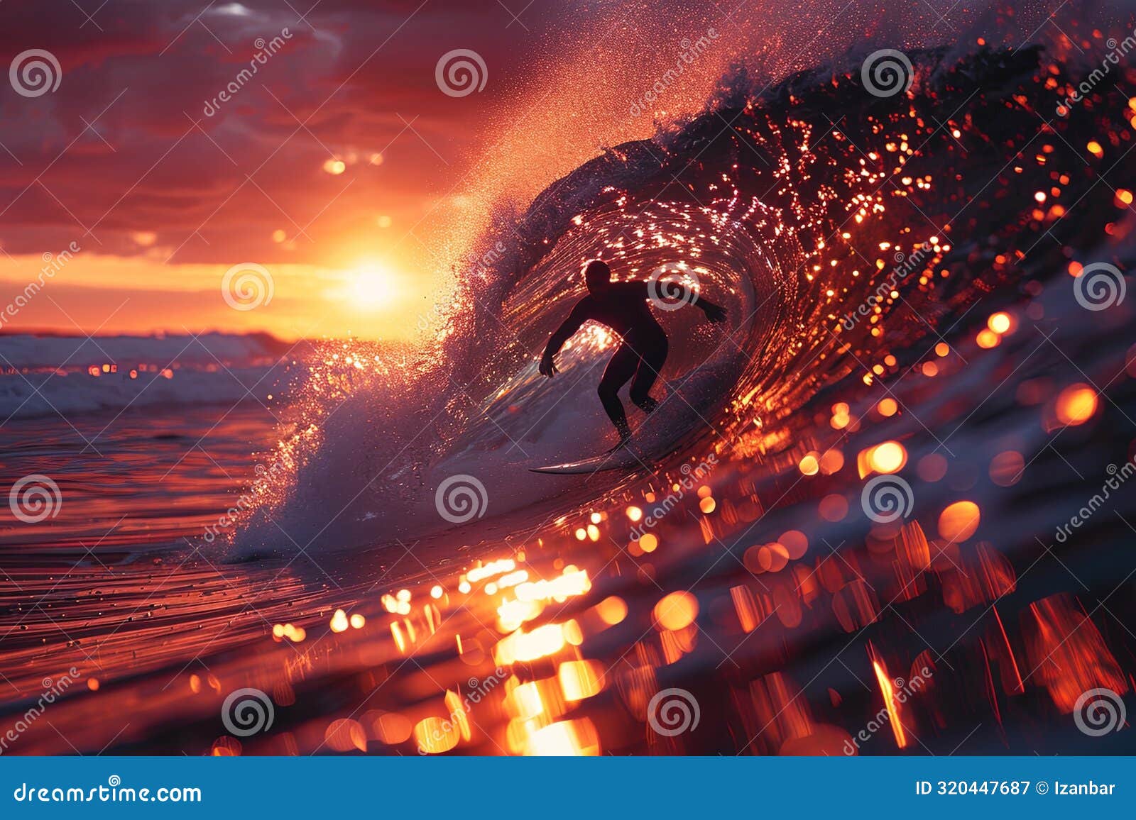 Surf Rider in Wave Tunnel at Red Sunset Generative AI Stock ...