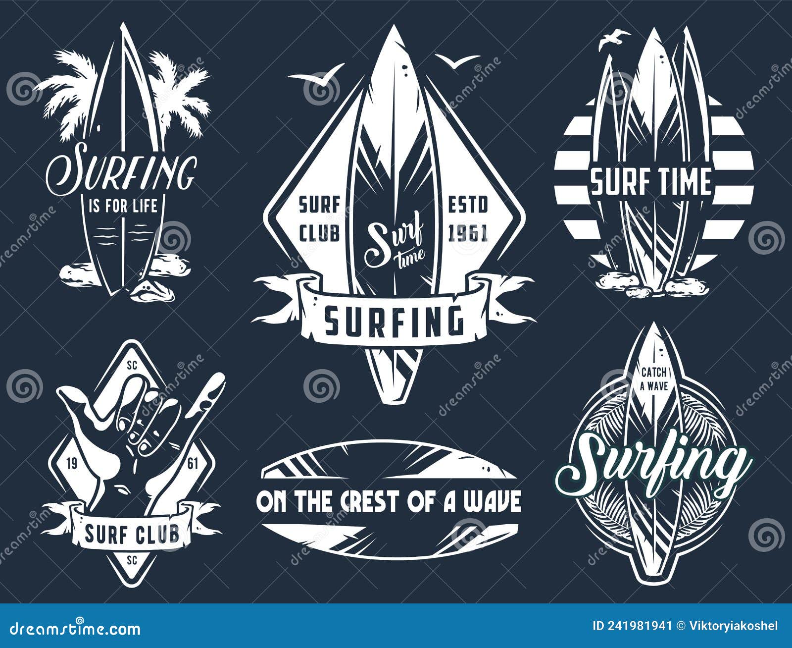 Surf Surfing Boards, Waves and Shaka Hand Emblems Stock Vector ...