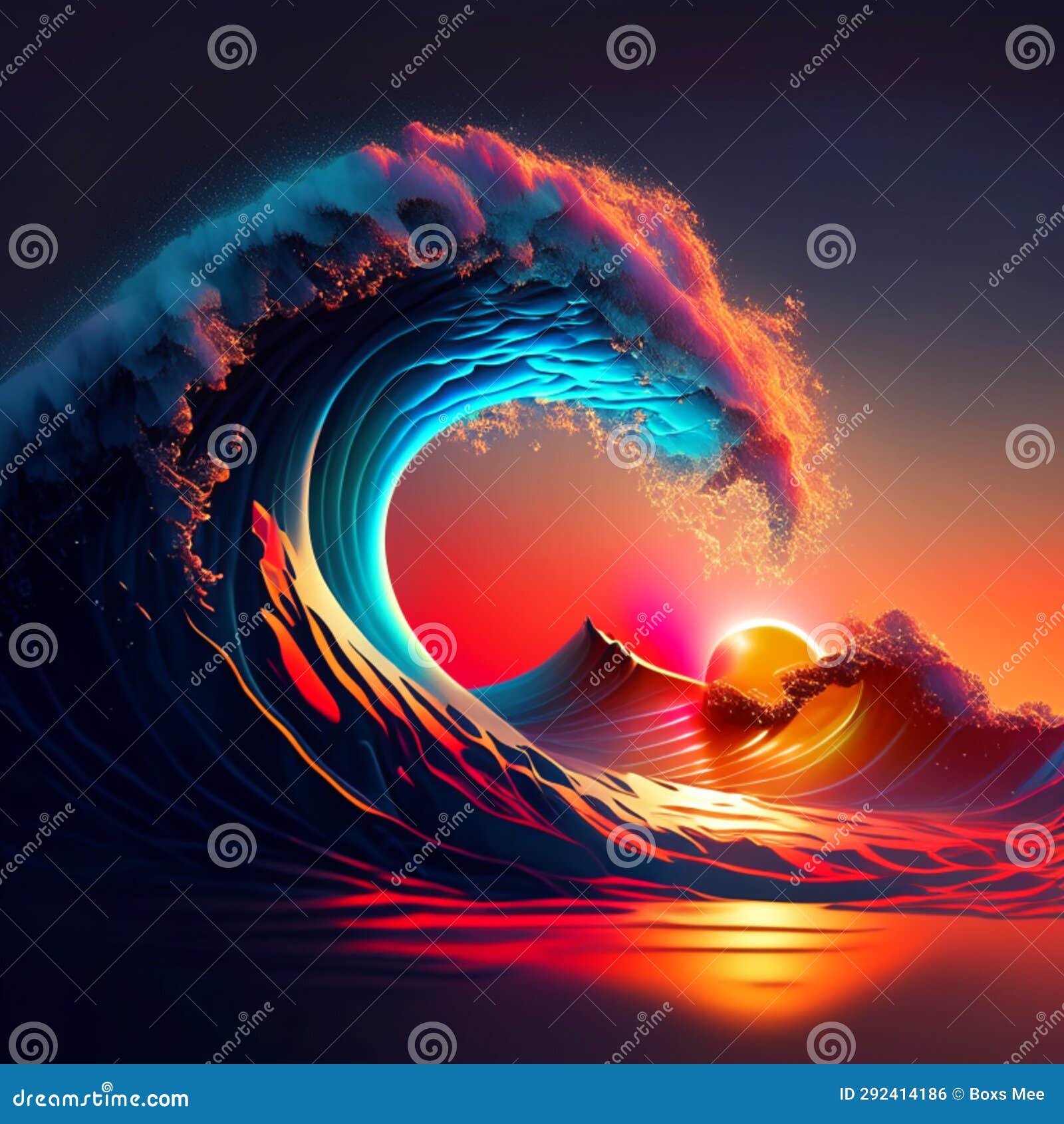 Surf Wave at Sunset. 3D Rendering, 3d Illustration Stock Illustration ...