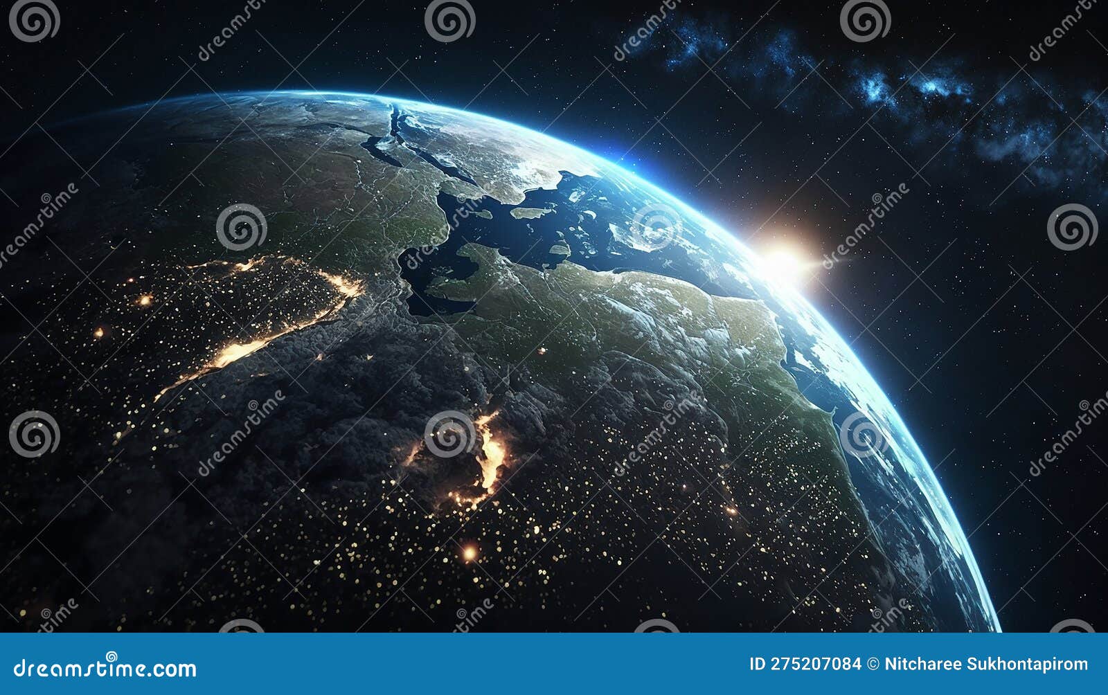 Surface of Earth Planet in Space. Outer Dark Space and Night on Planet ...