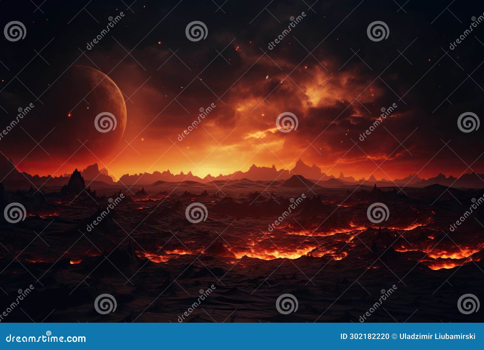 Surface of a Fantasy Planet with Charred and Burned Earth and Smoke. a ...