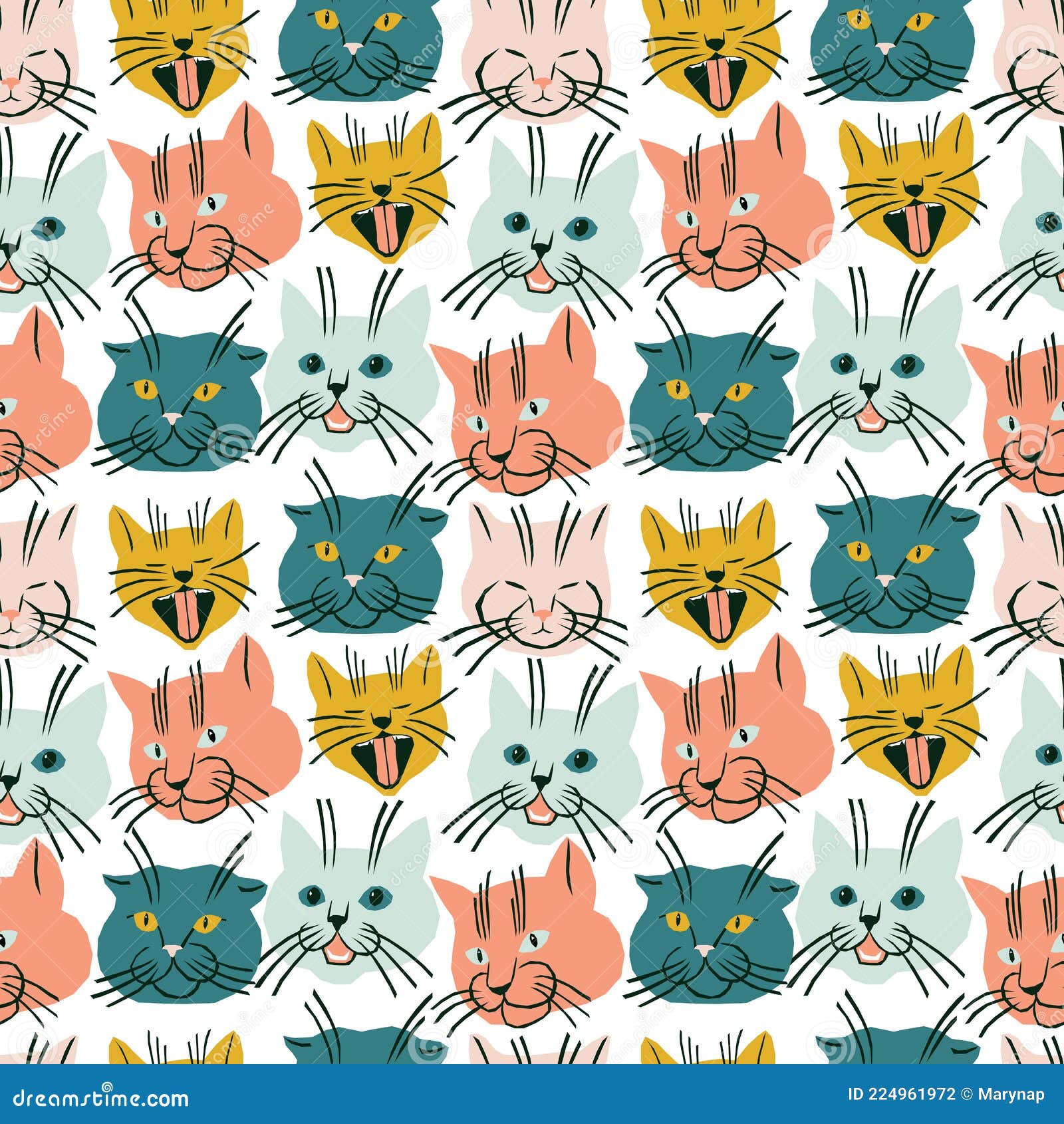 Seamless Pattern with Cat Faces Stylish Geometric Design Stock ...