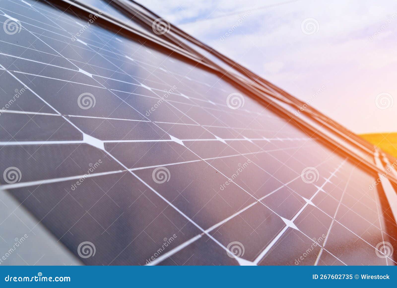 Surface of Solar Panel with Sunset and Blue Sky in the Background Stock ...