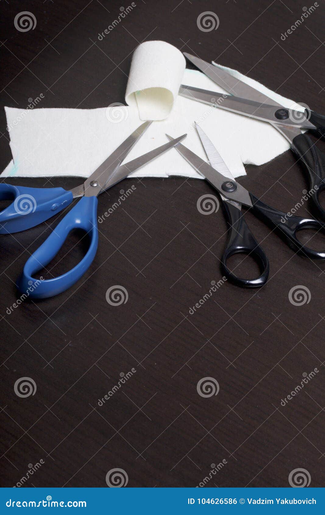 On the Surface of the Table are Three Pairs of Scissors and a Patch of ...