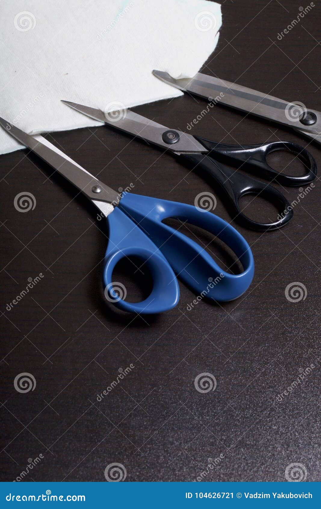 On the Surface of the Table are Three Pairs of Scissors and a Patch of ...