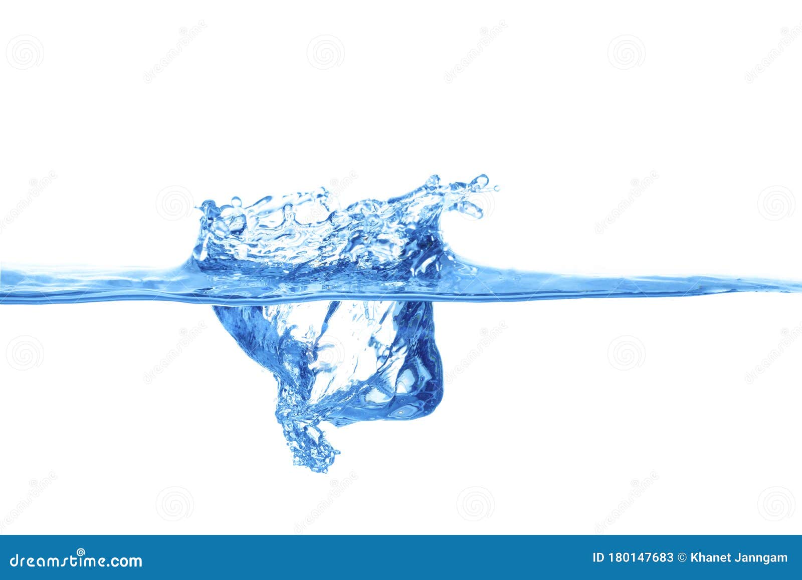 The Surface of the Water Splashes Blue, the Side View is Set on a White ...
