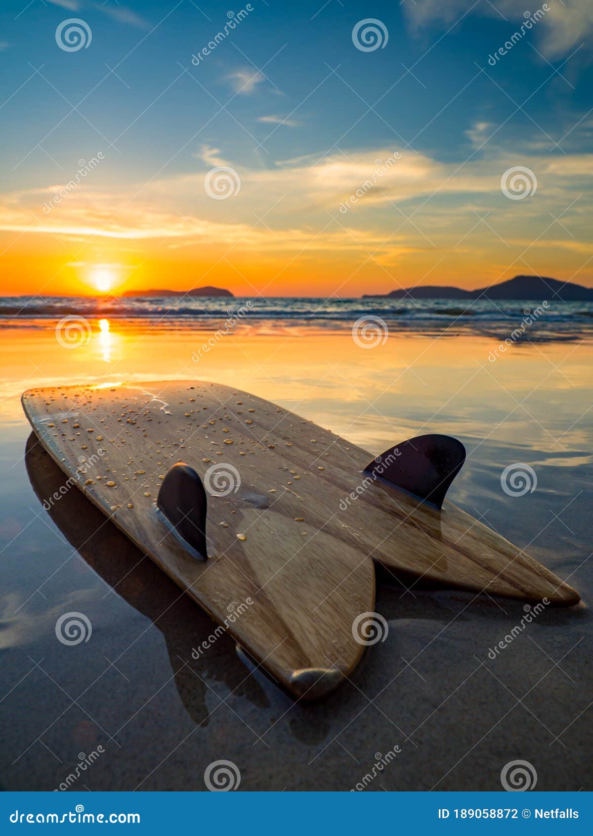 Surfboard on the Beach at Sunset Stock Photo - Image of sporty, blue ...