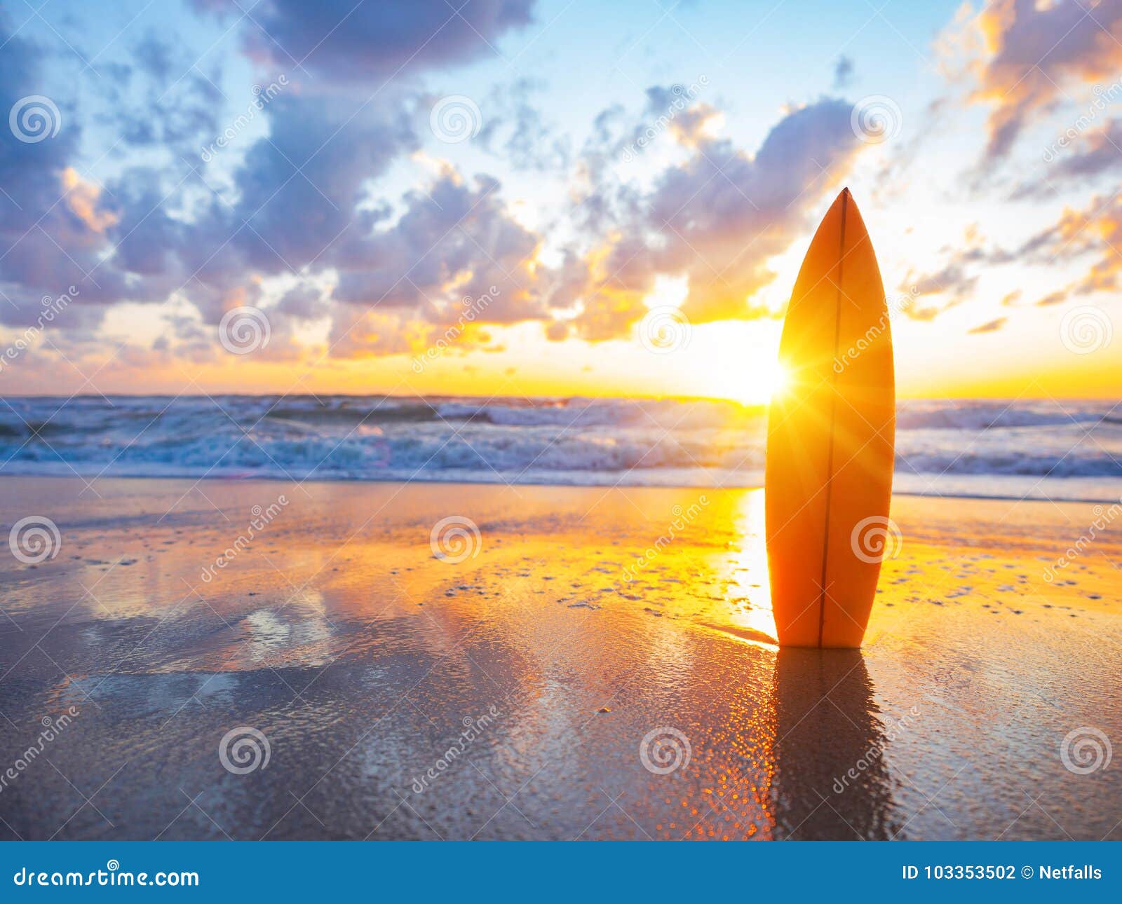 Surfboard on the Beach at Sunset Stock Photo - Image of sunrise, surf ...