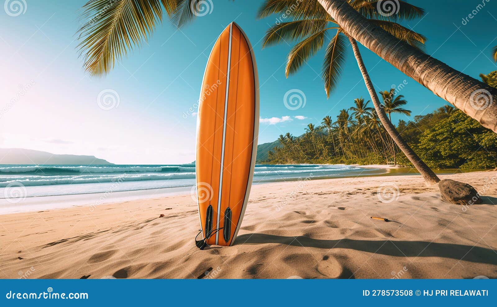 Surfboard and Palm Tree on Beach with Beach Sign for Surfing Area ...