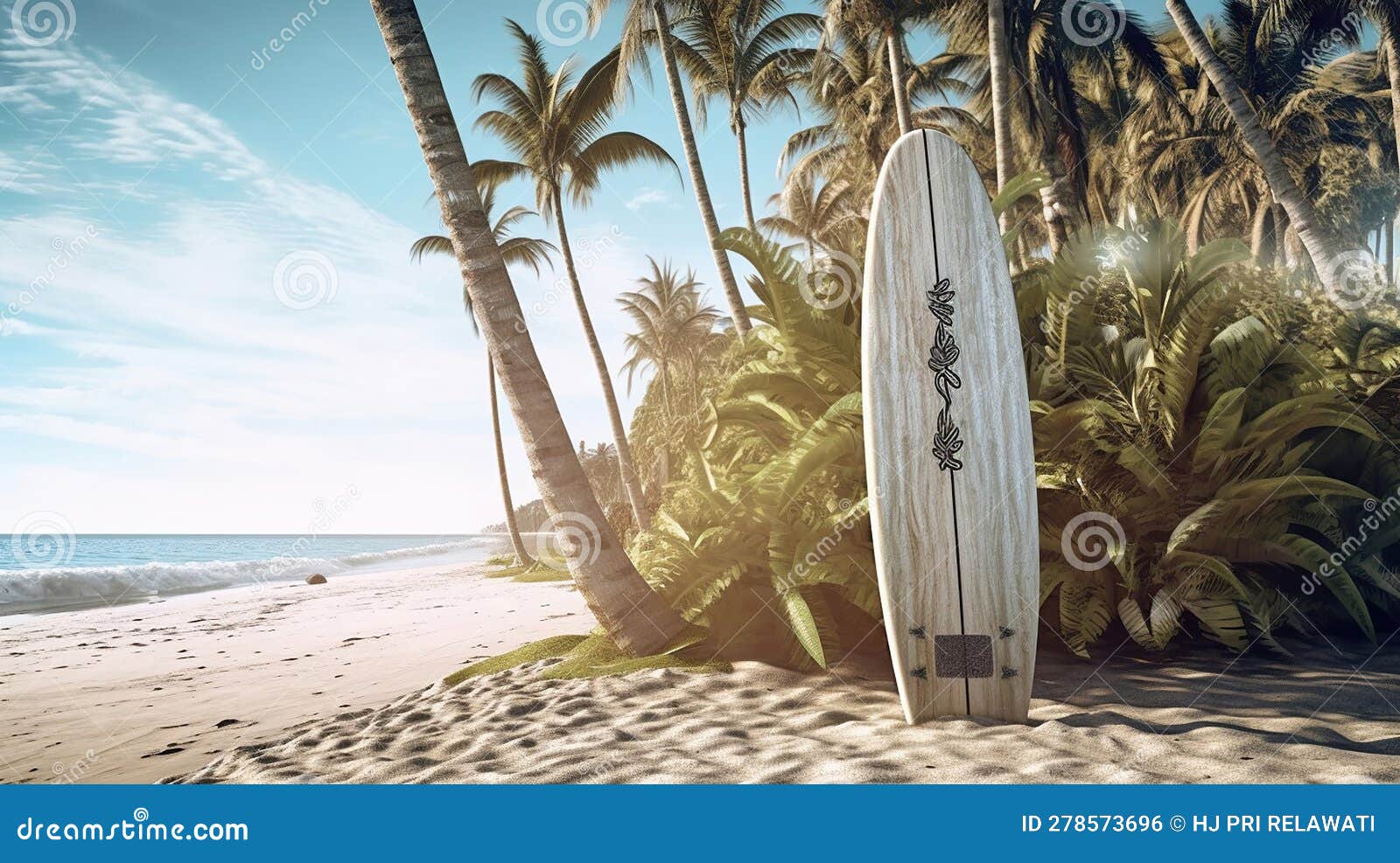 Surfboard and Palm Tree on Beach with Beach Sign for Surfing Area ...