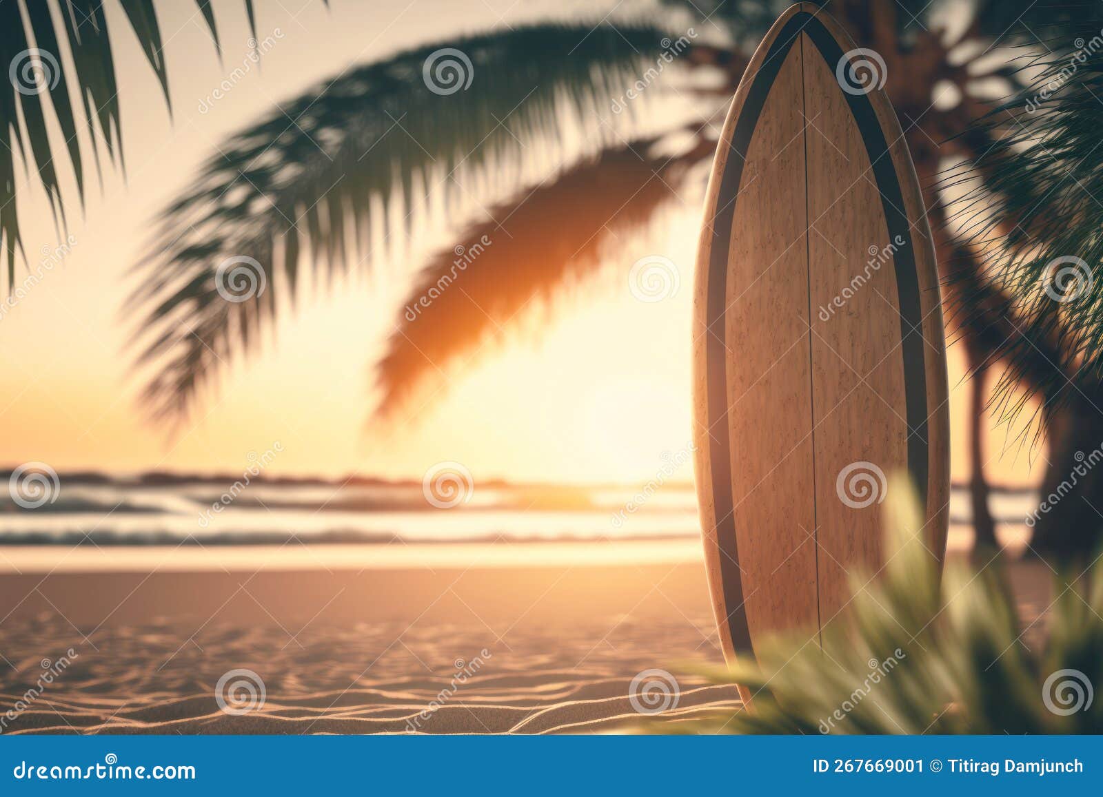 Surfboard and Palm Tree on Sunset Tropical Beach. Generative AI Stock ...