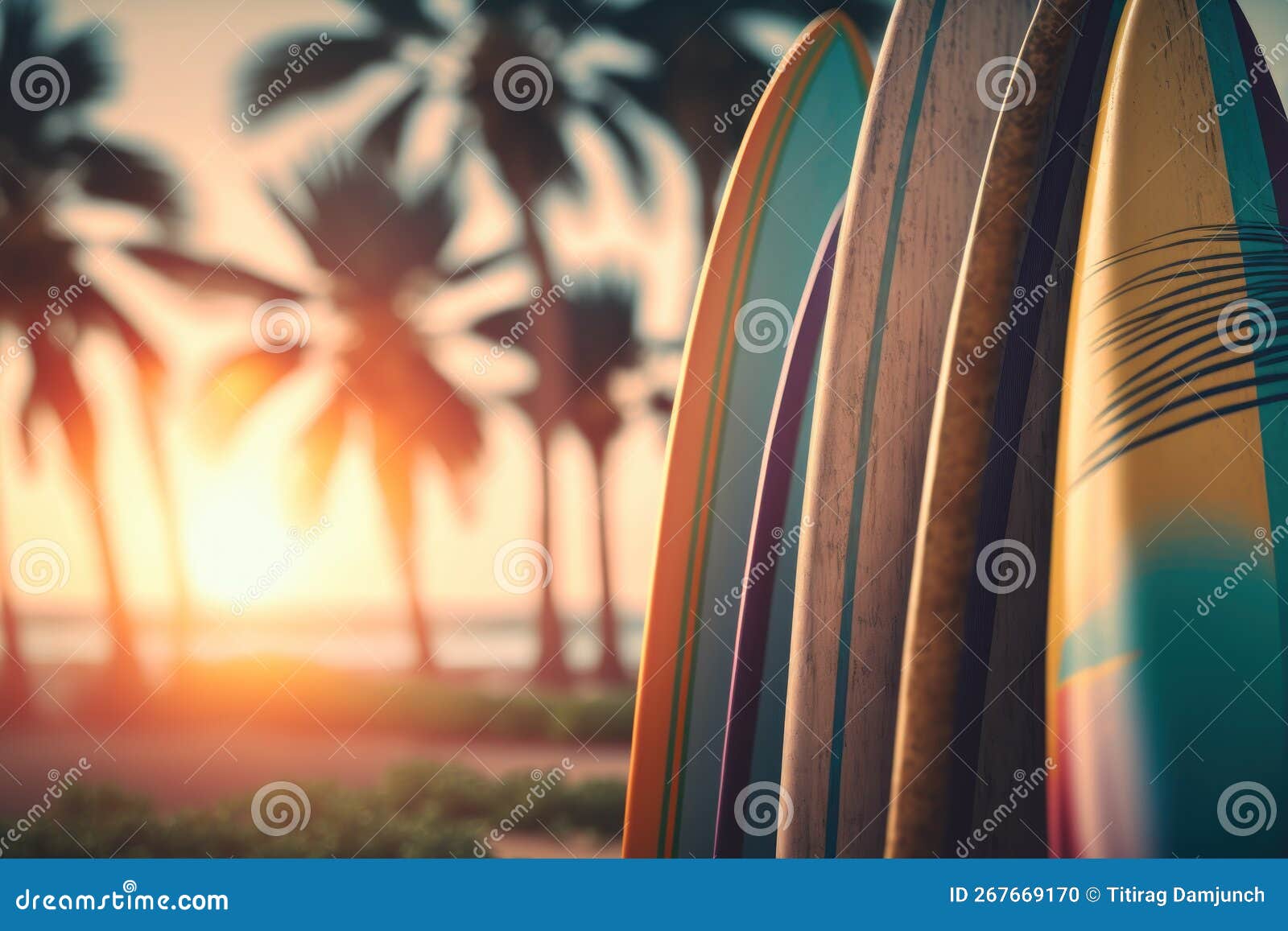 Surfboard and Palm Tree on Sunset Tropical Beach. Generative AI Stock ...