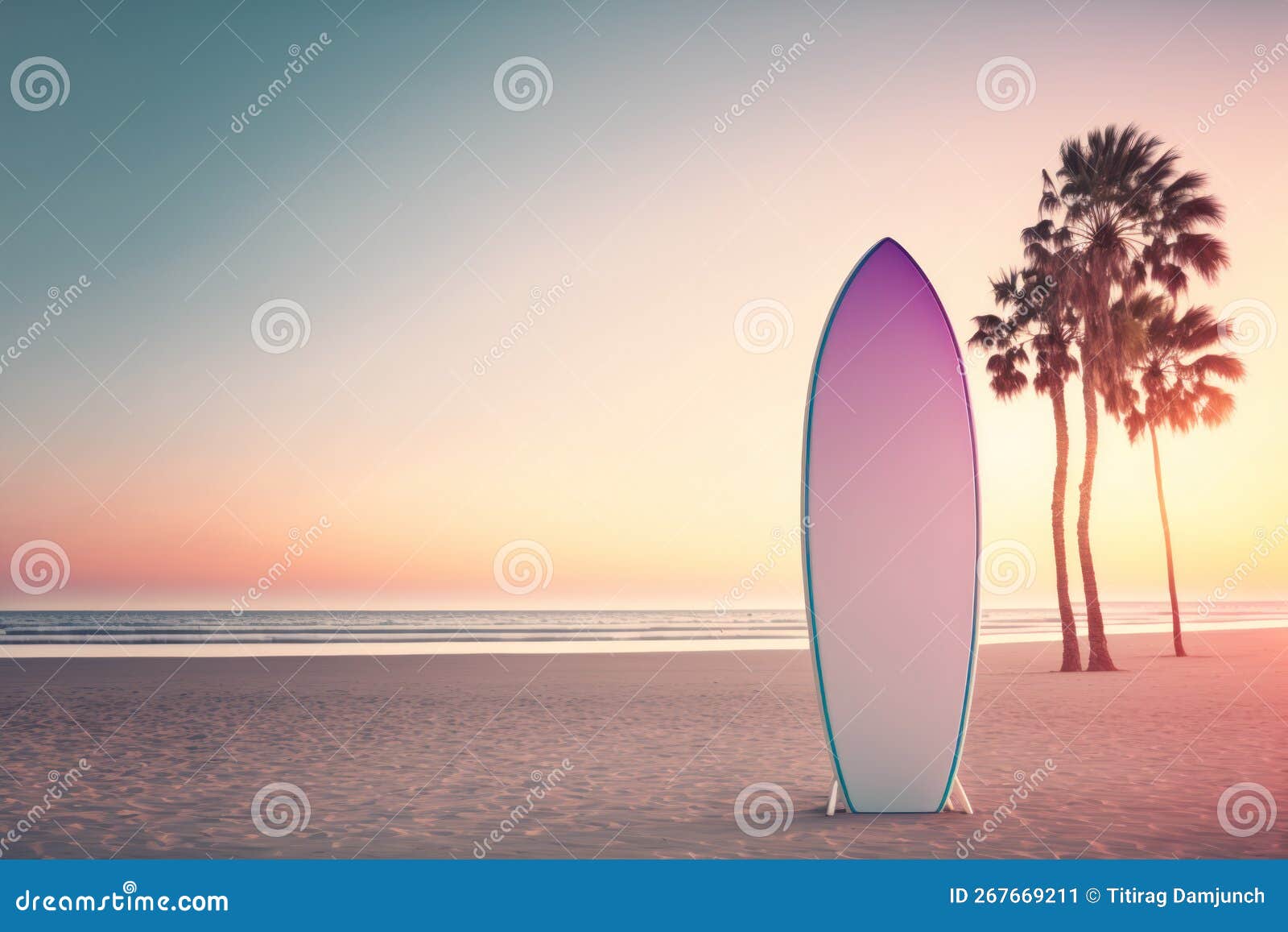 Surfboard and Palm Tree on Sunset Tropical Beach. Generative AI Stock ...