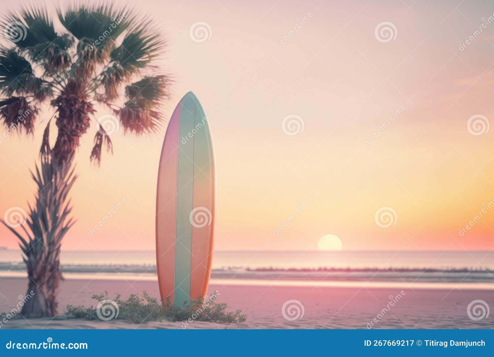 Surfboard and Palm Tree on Sunset Tropical Beach. Generative AI Stock ...