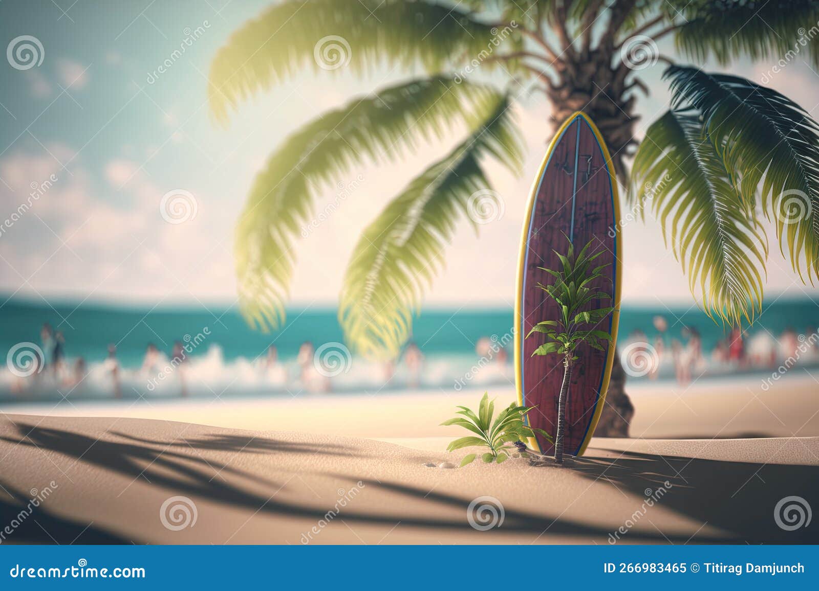 Surfboard and Palm Tree on Tropical Beach. Generative AI Stock ...