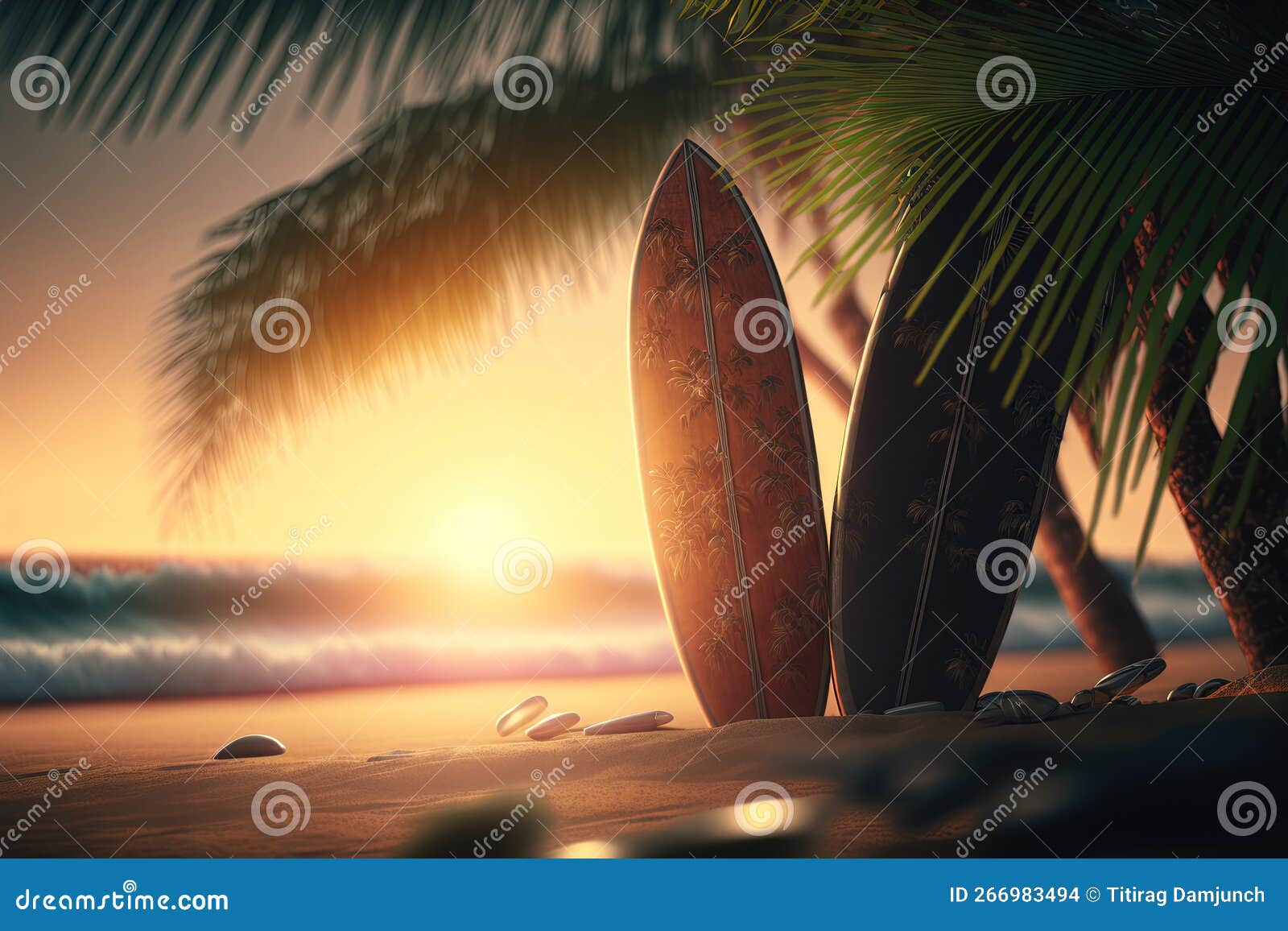 Surfboard and Palm Tree on Tropical Beach. Generative AI Stock ...