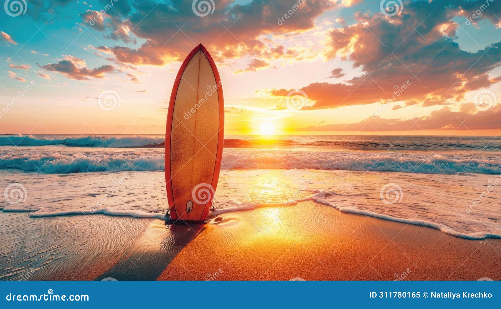Surfboard and Rising Sun, Coast Beach at Sunset. Stock Image - Image of ...