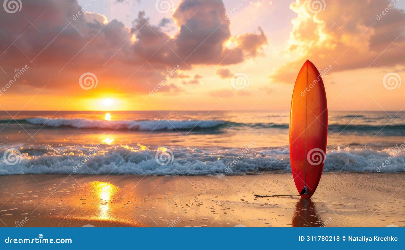 Surfboard and Rising Sun, Coast Beach at Sunset. Stock Photo - Image of ...