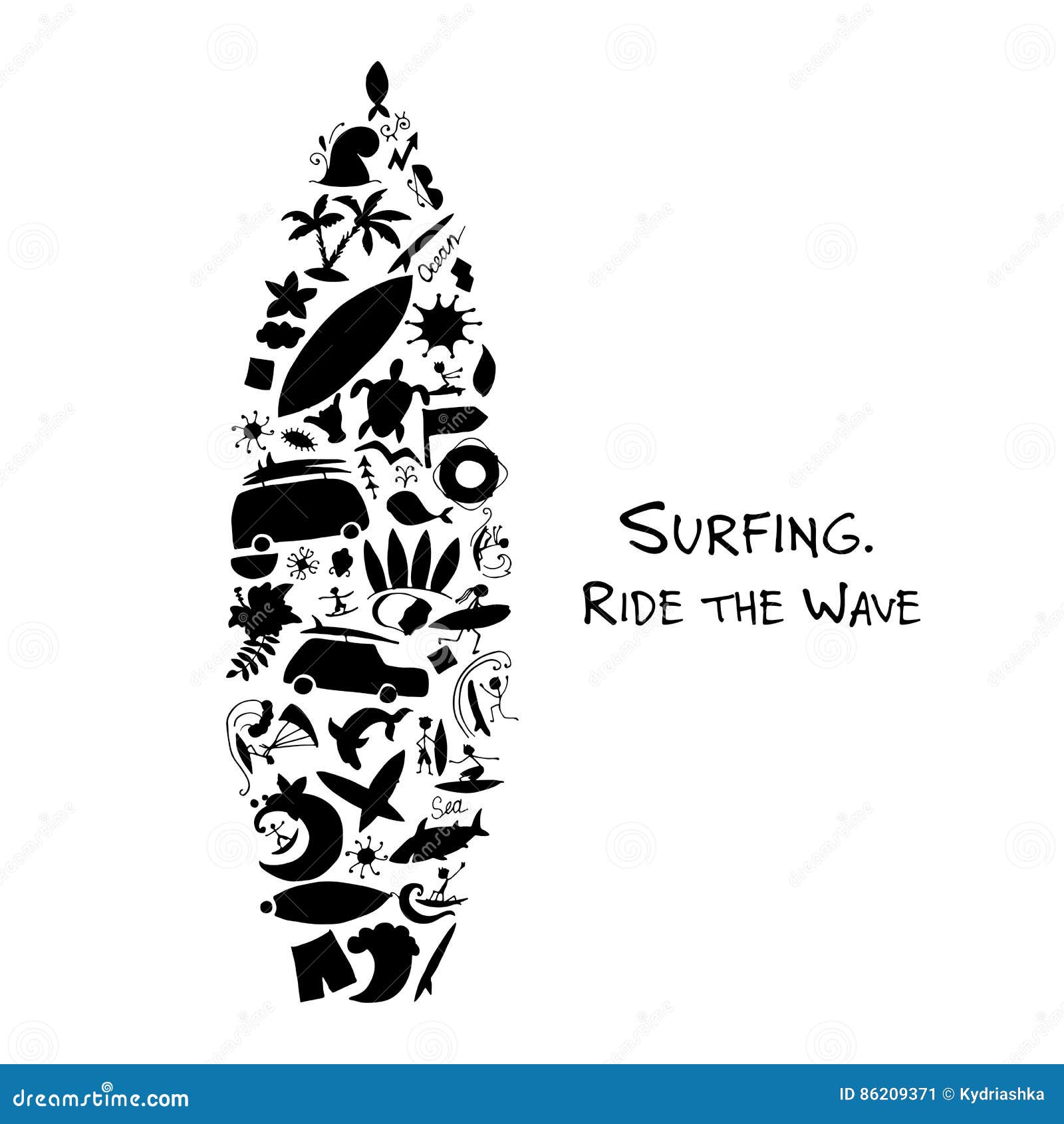 Surfboard Sketch, Design Made from Surf Icons Set Stock Vector ...