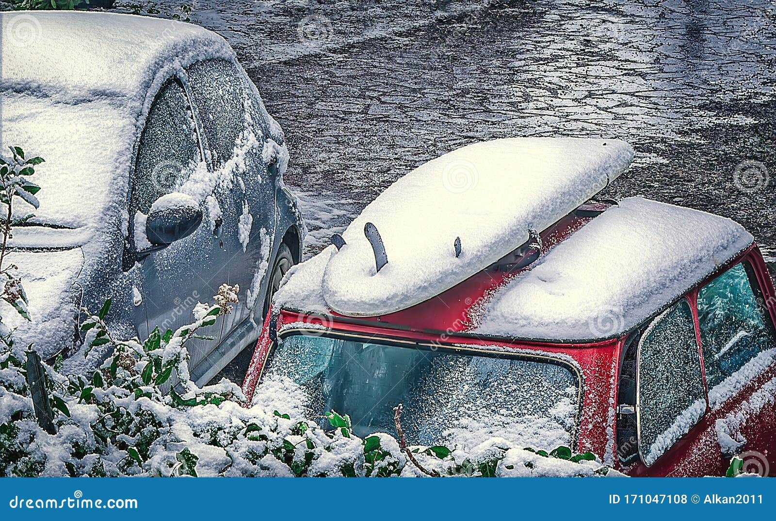 Surfboard and Snow on a Small Car in the Winter Stock Photo - Image of ...