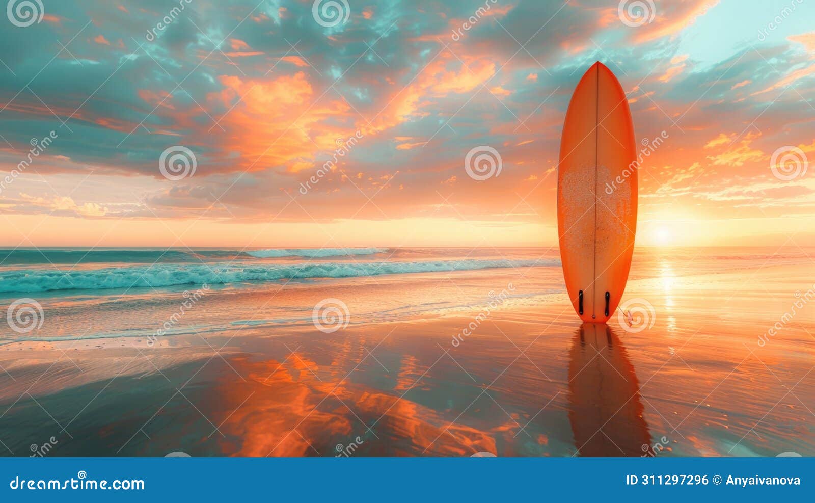 A Surfboard is Standing on the Beach at Sunset Stock Photo - Image of ...