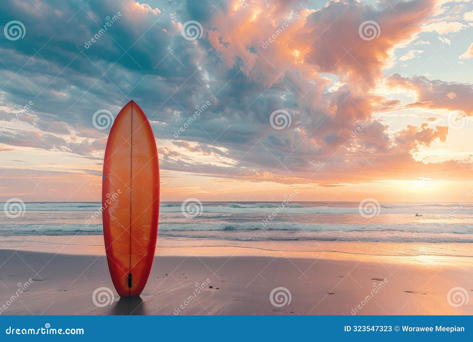A Surfboard is Standing on the Beach at Sunset Stock Image - Image of ...