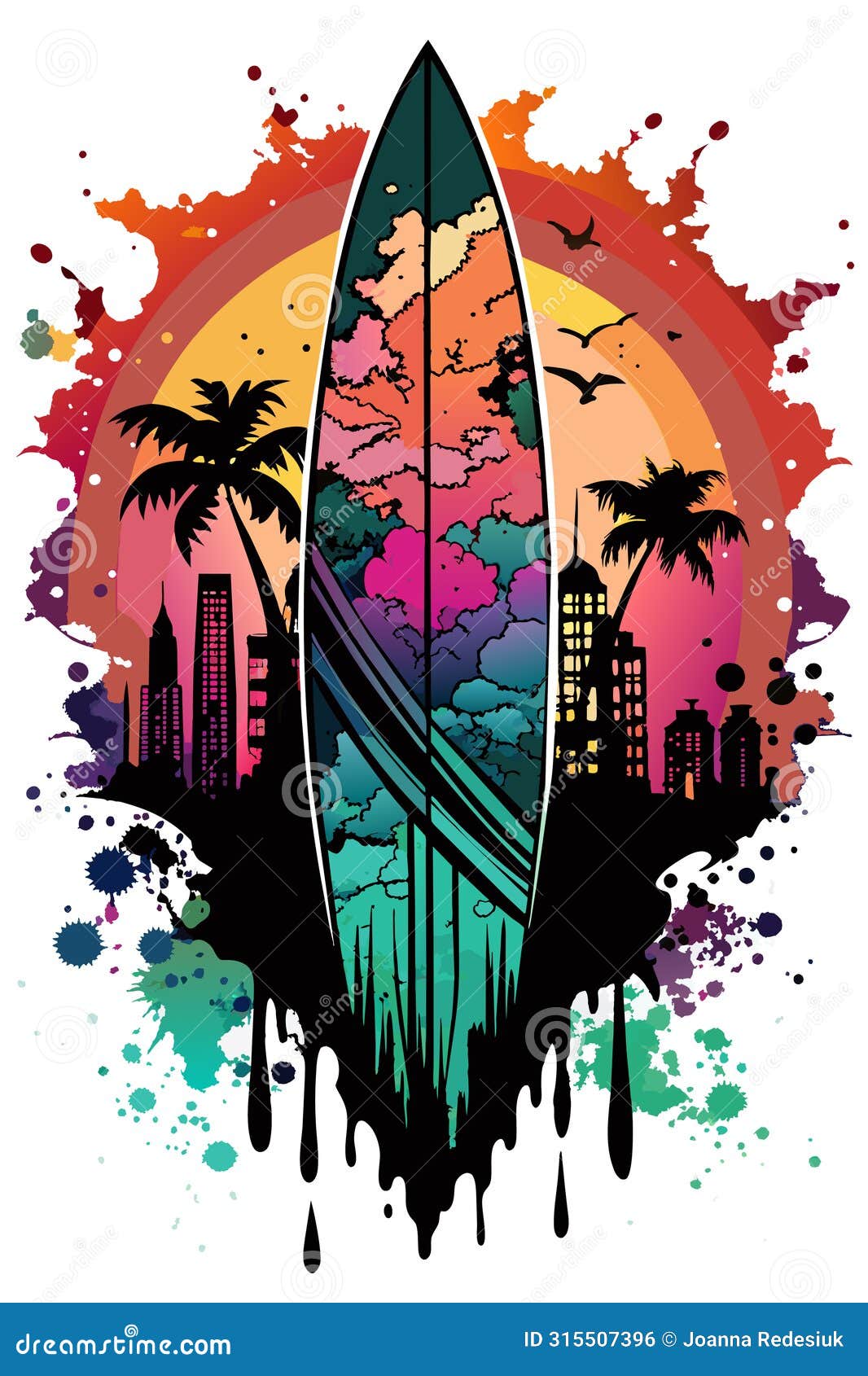 A Surfboard Stands Vertically with a Vibrant Design Featuring a Beach ...