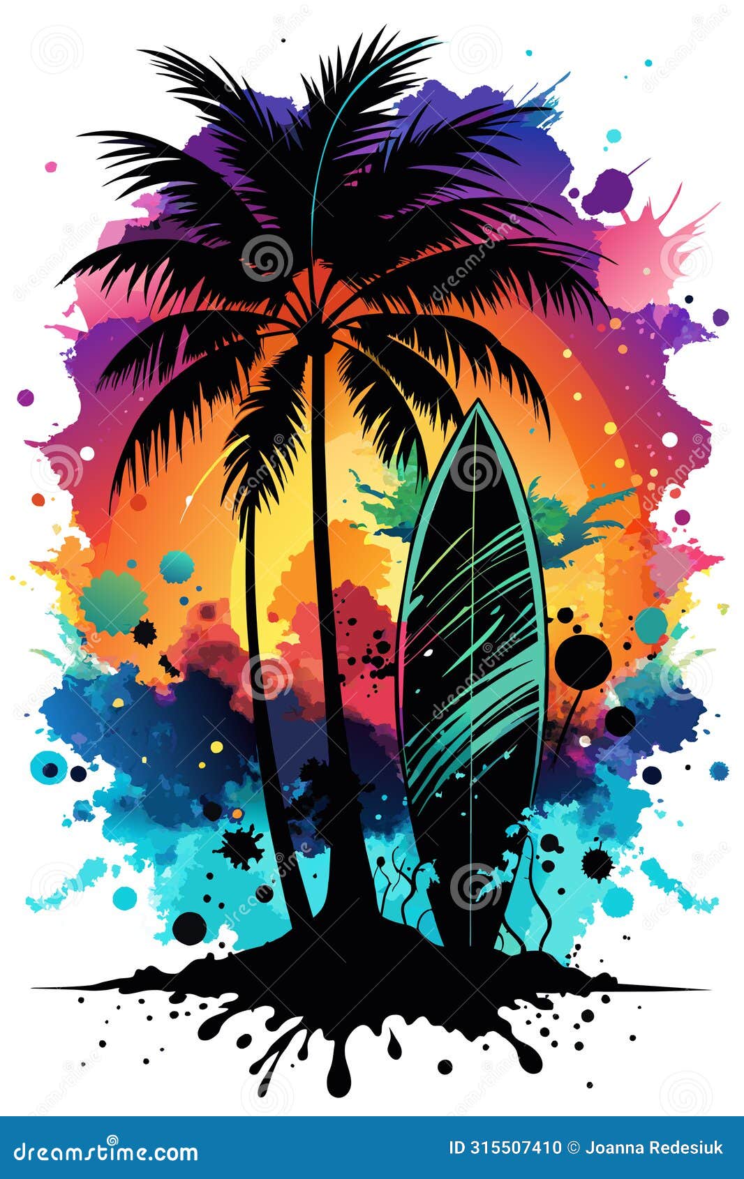 A Surfboard Stands Vertically with a Vibrant Design Featuring a Beach ...