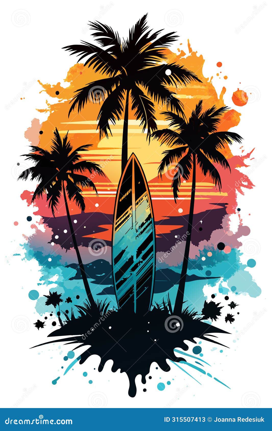 A Surfboard Stands Vertically with a Vibrant Design Featuring a Beach ...