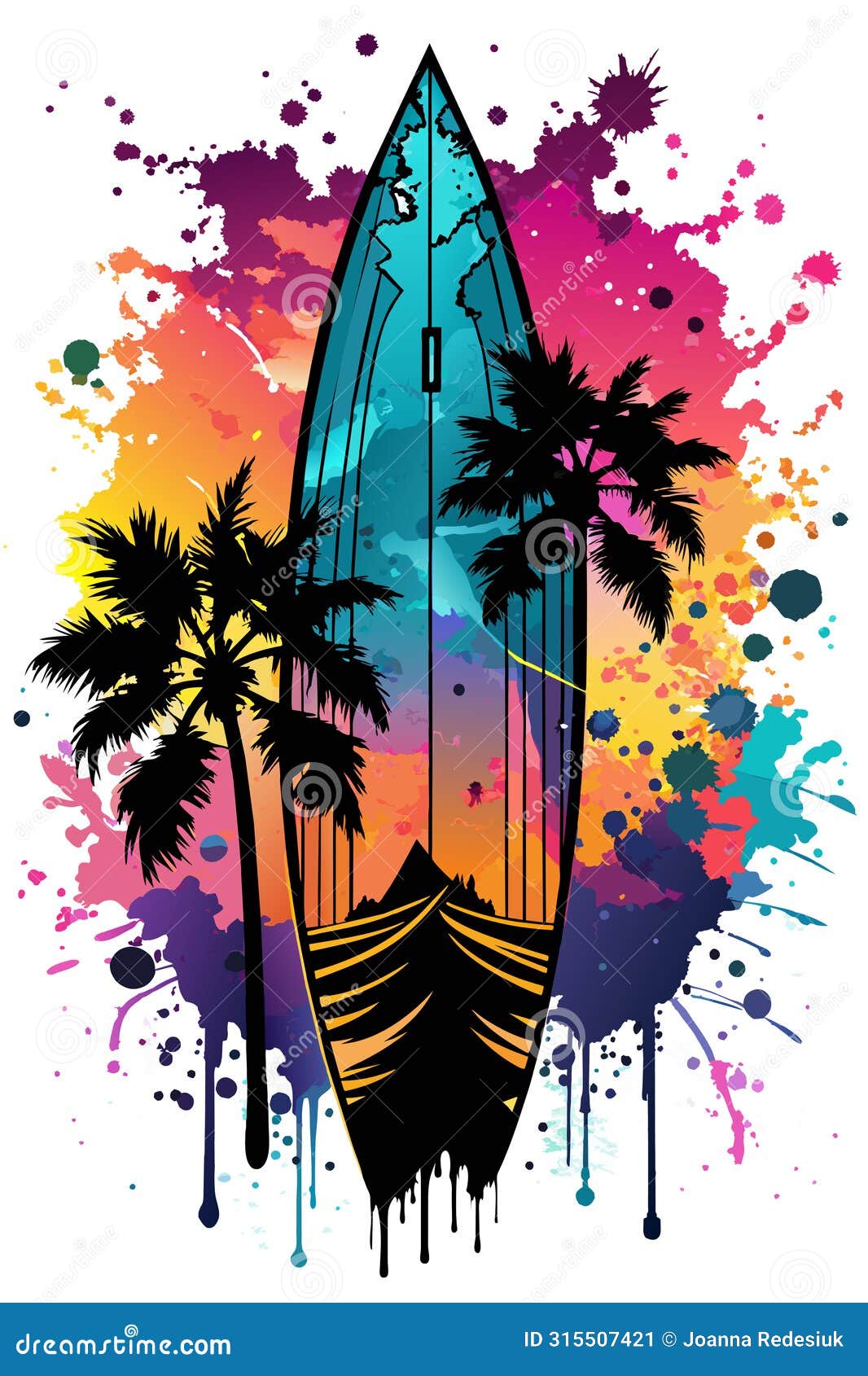 A Surfboard Stands Vertically with a Vibrant Design Featuring a Beach ...
