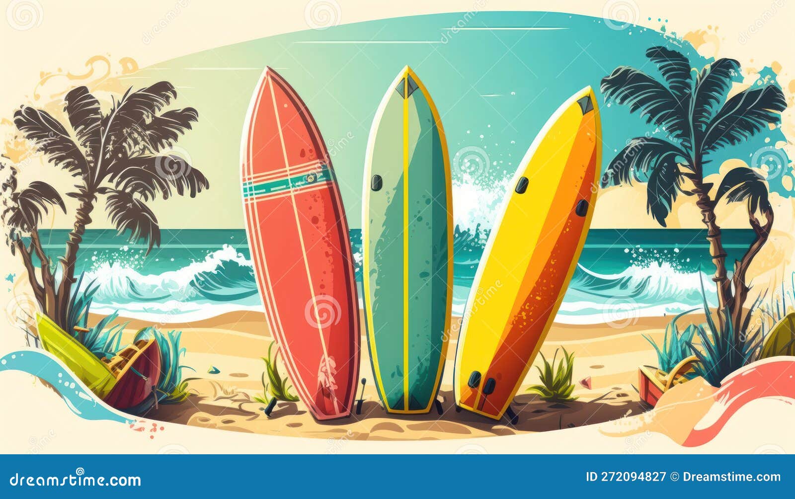 Surfboard on Tropical Beach Background. Graphic Illustration Design ...