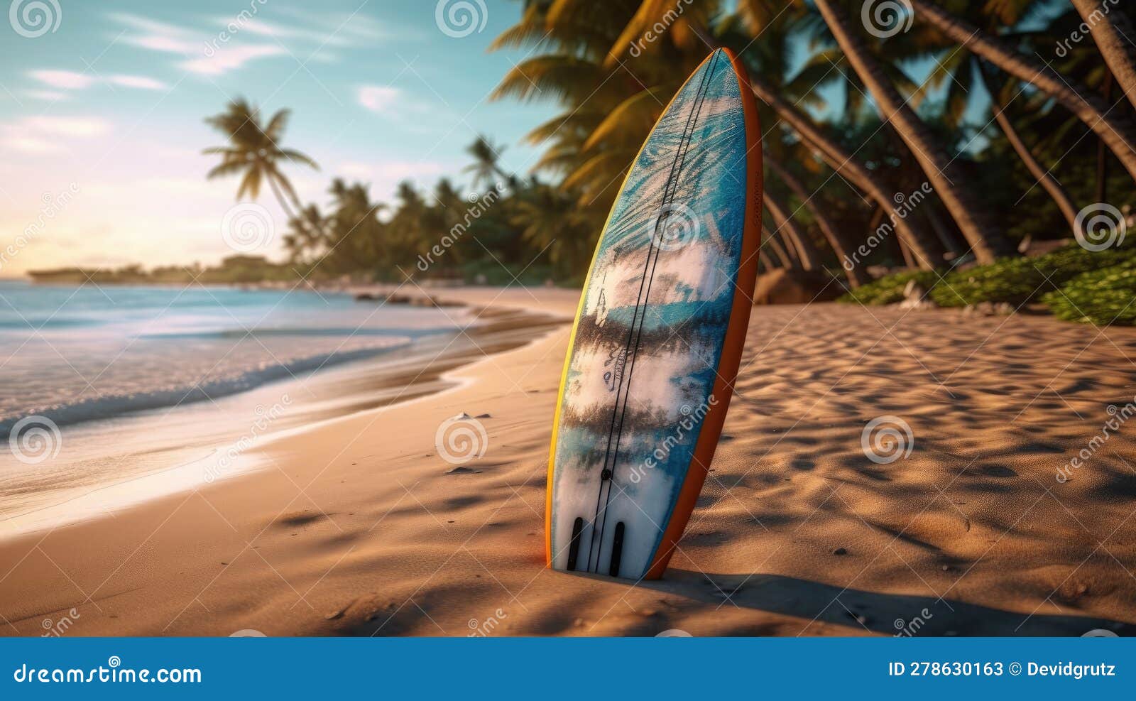 Surfboard on Tropical Beach. Generative AI Stock Image - Image of sand ...