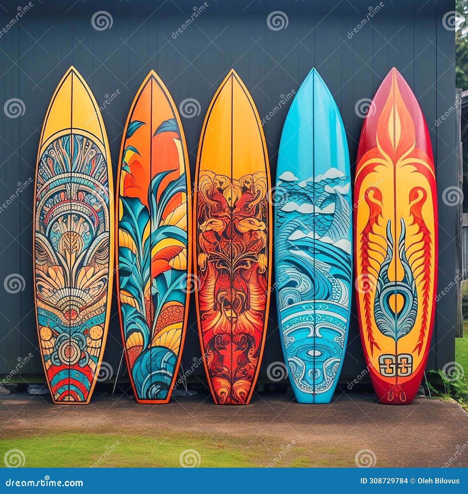 Surfboards with Colorful Patterns on the Wall of the House. Stock Photo ...