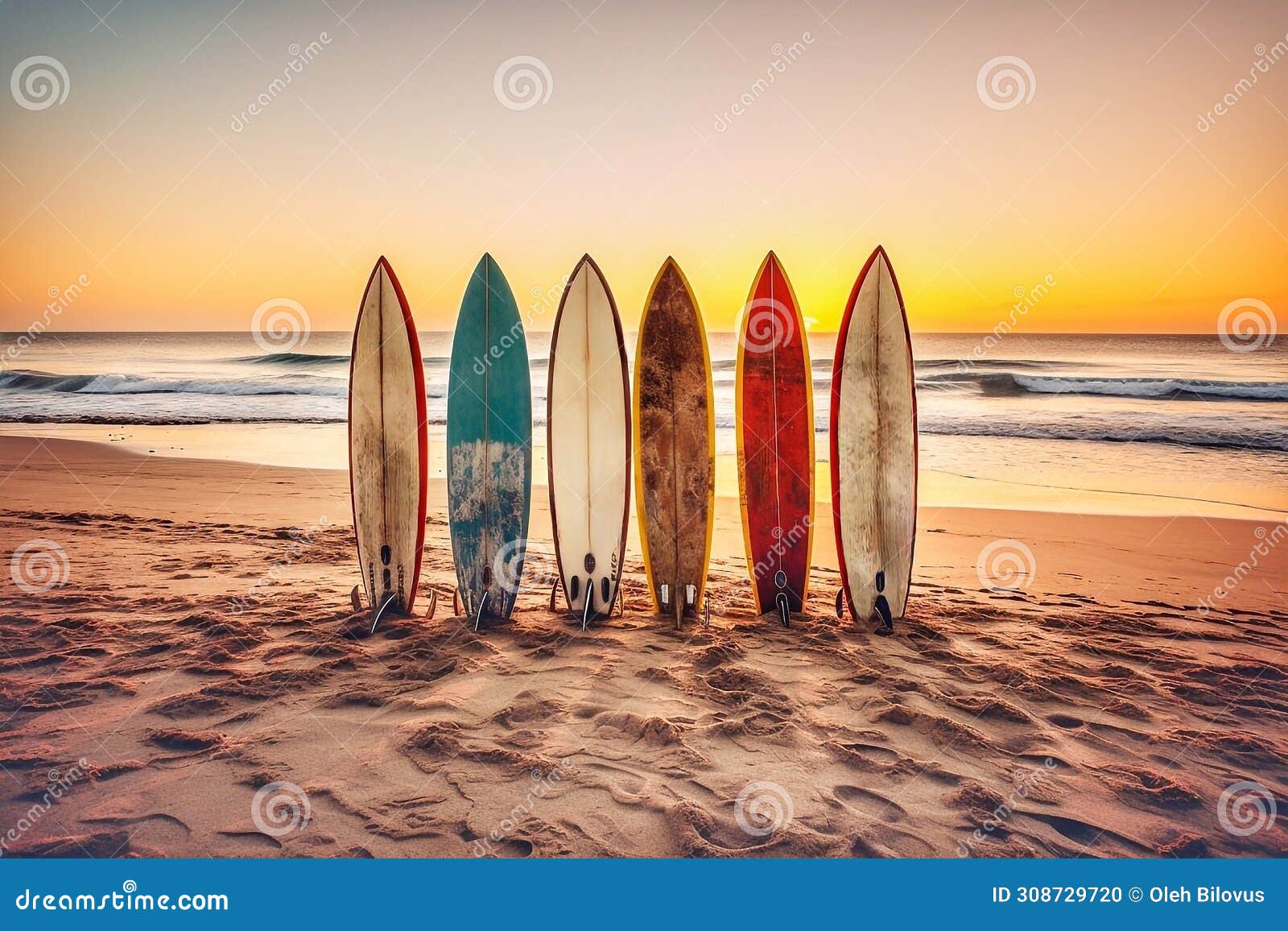 Surfboards in a Row on the Beach at Sunset. Stock Photo - Image of ...