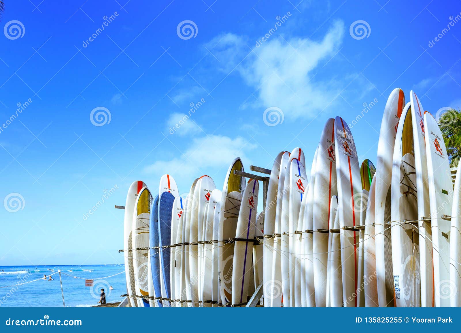Surfboards Stack on the Landmark Waikiki Beach Editorial Image - Image ...