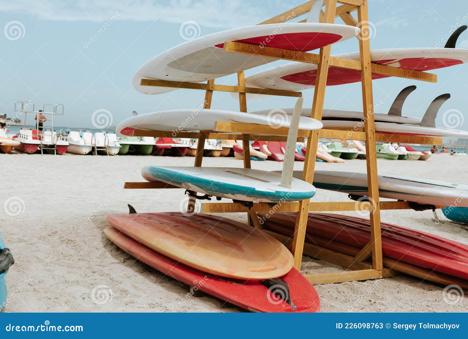 Surfboards Stacked on the Rack on a Beach Stock Image - Image of lock ...