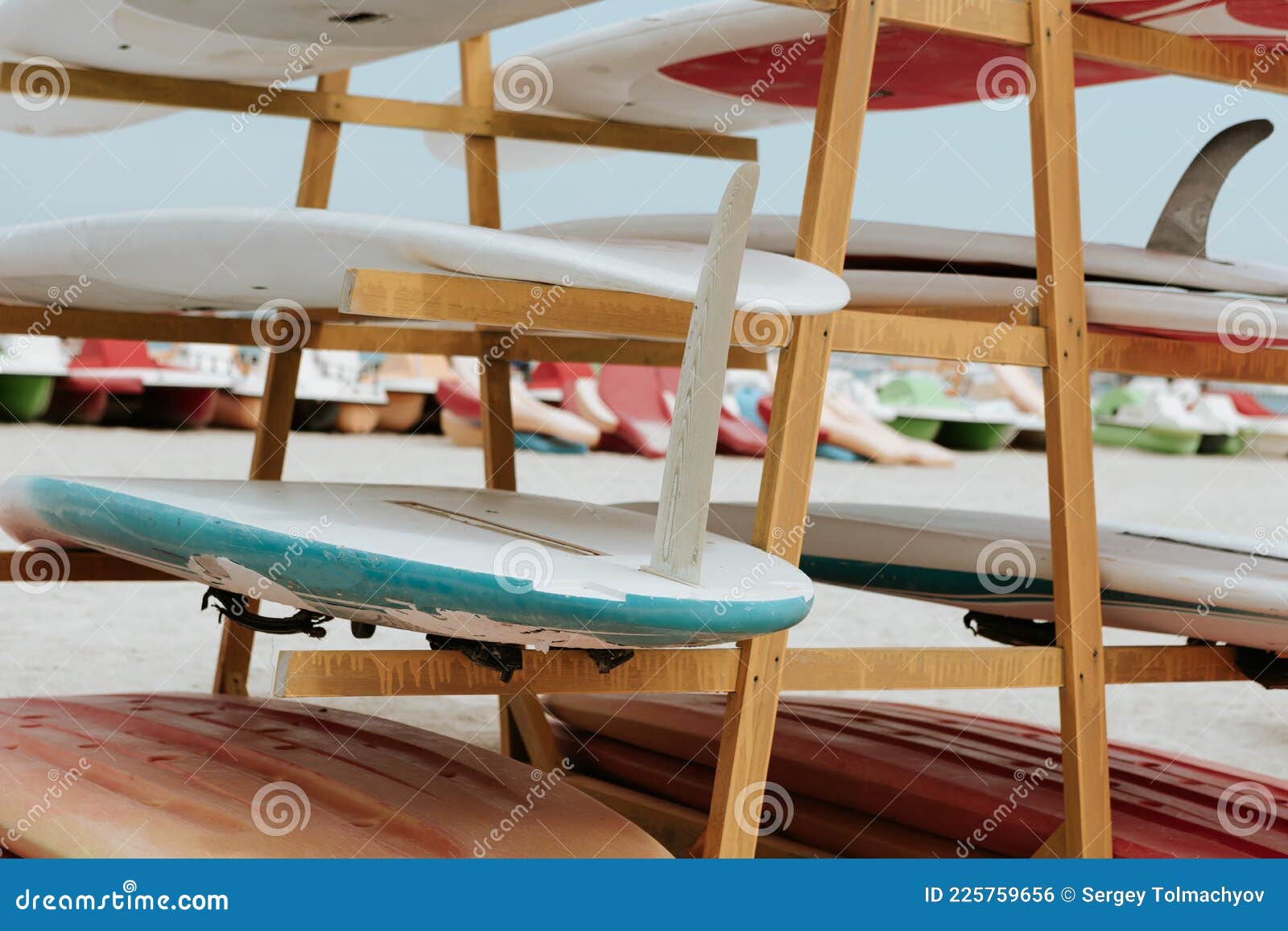 Surfboards Stacked on the Rack on a Beach Stock Photo - Image of ...