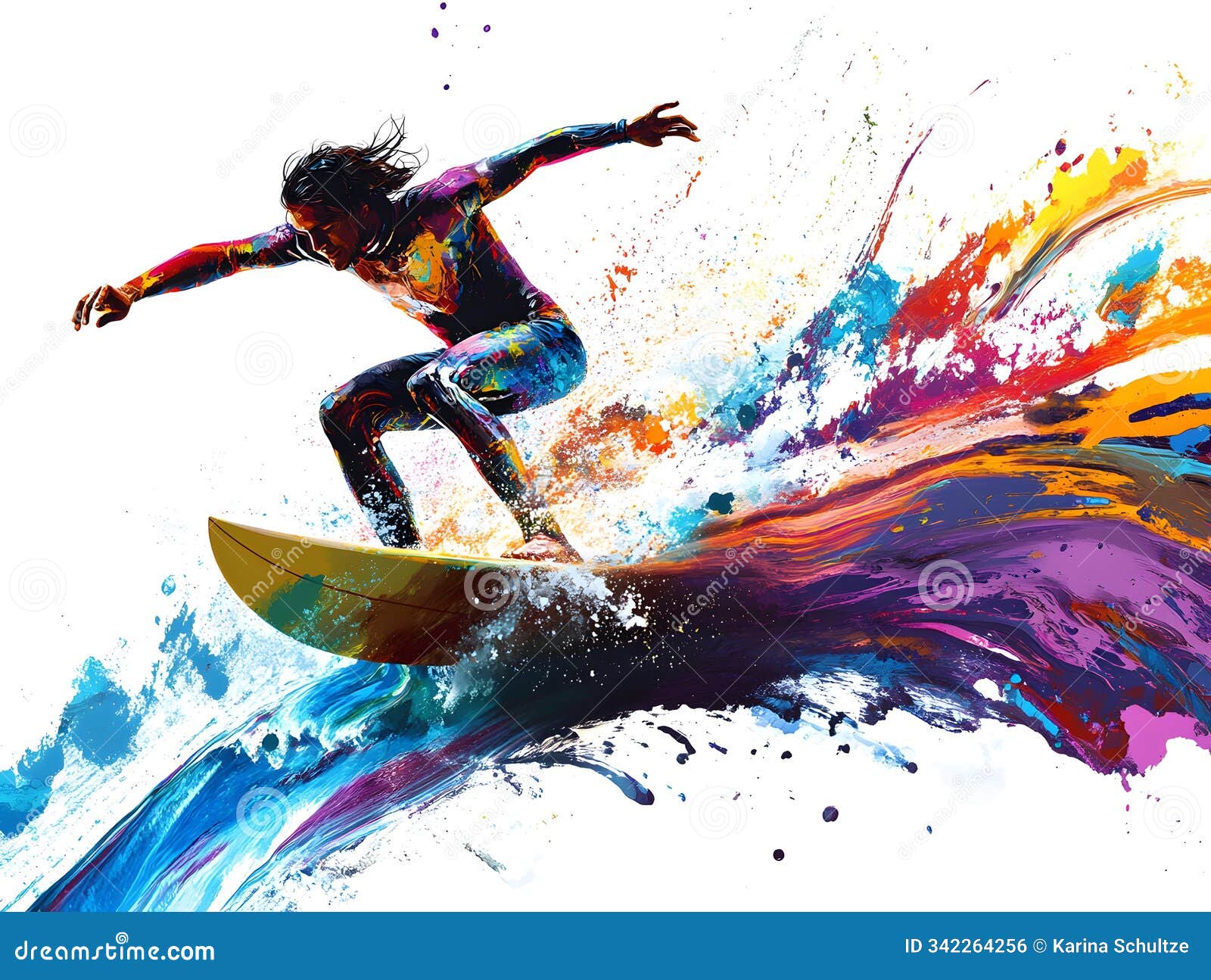 A Surfer in Action, Surrounded by Bold, Colorful Splashes that ...
