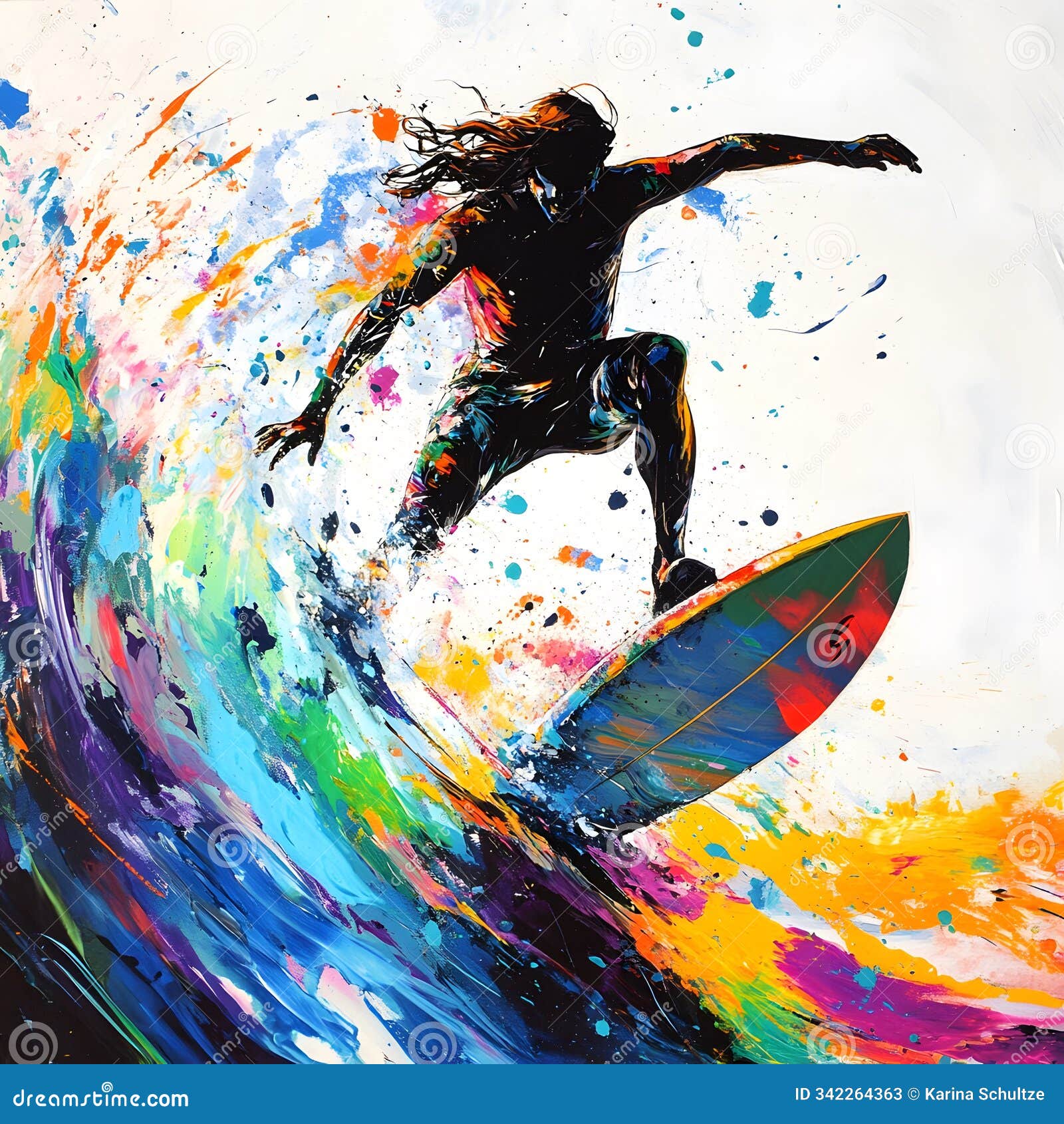 A Surfer in Action, Surrounded by Bold, Colorful Splashes that ...