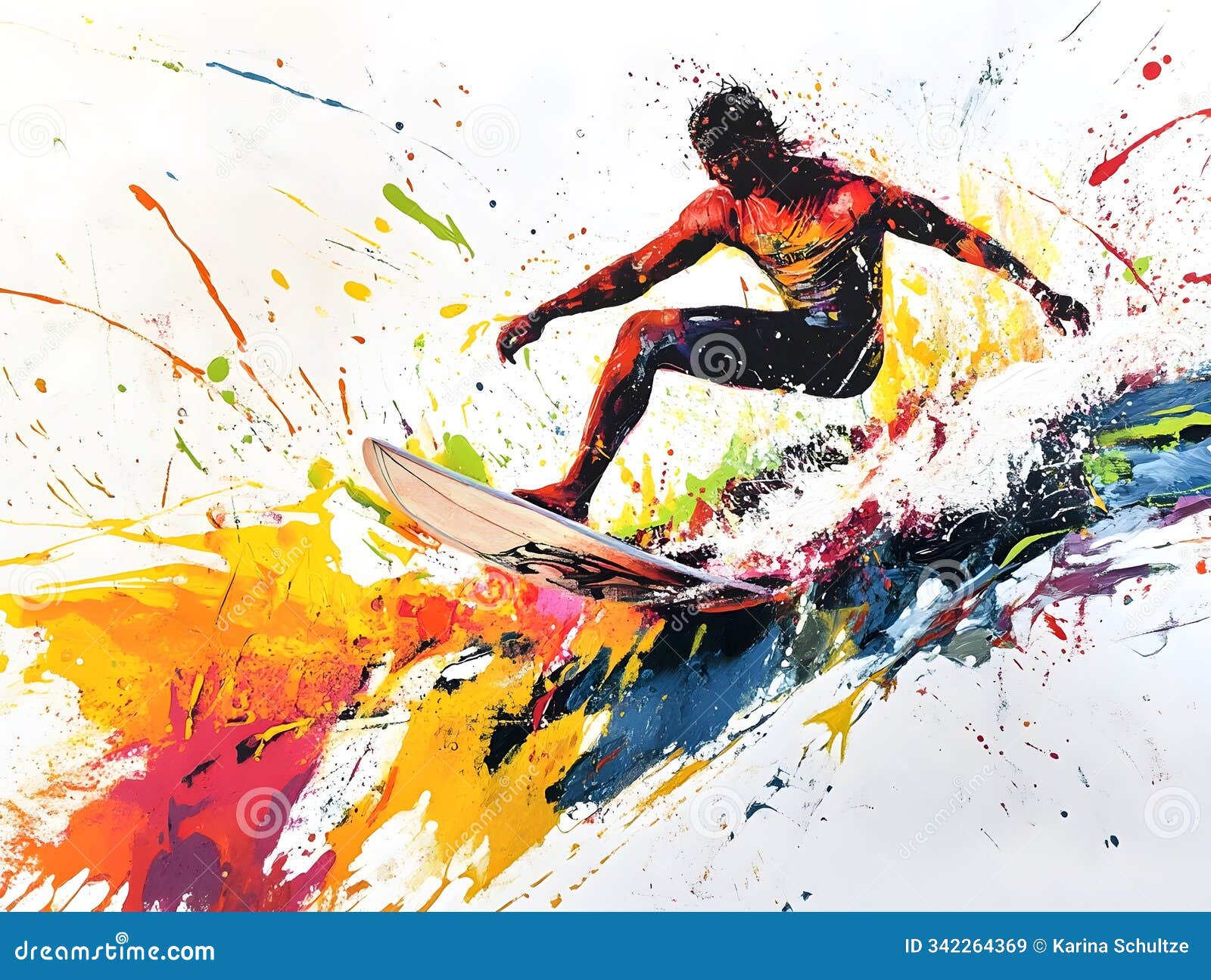 A Surfer in Action, Surrounded by Bold, Colorful Splashes that ...