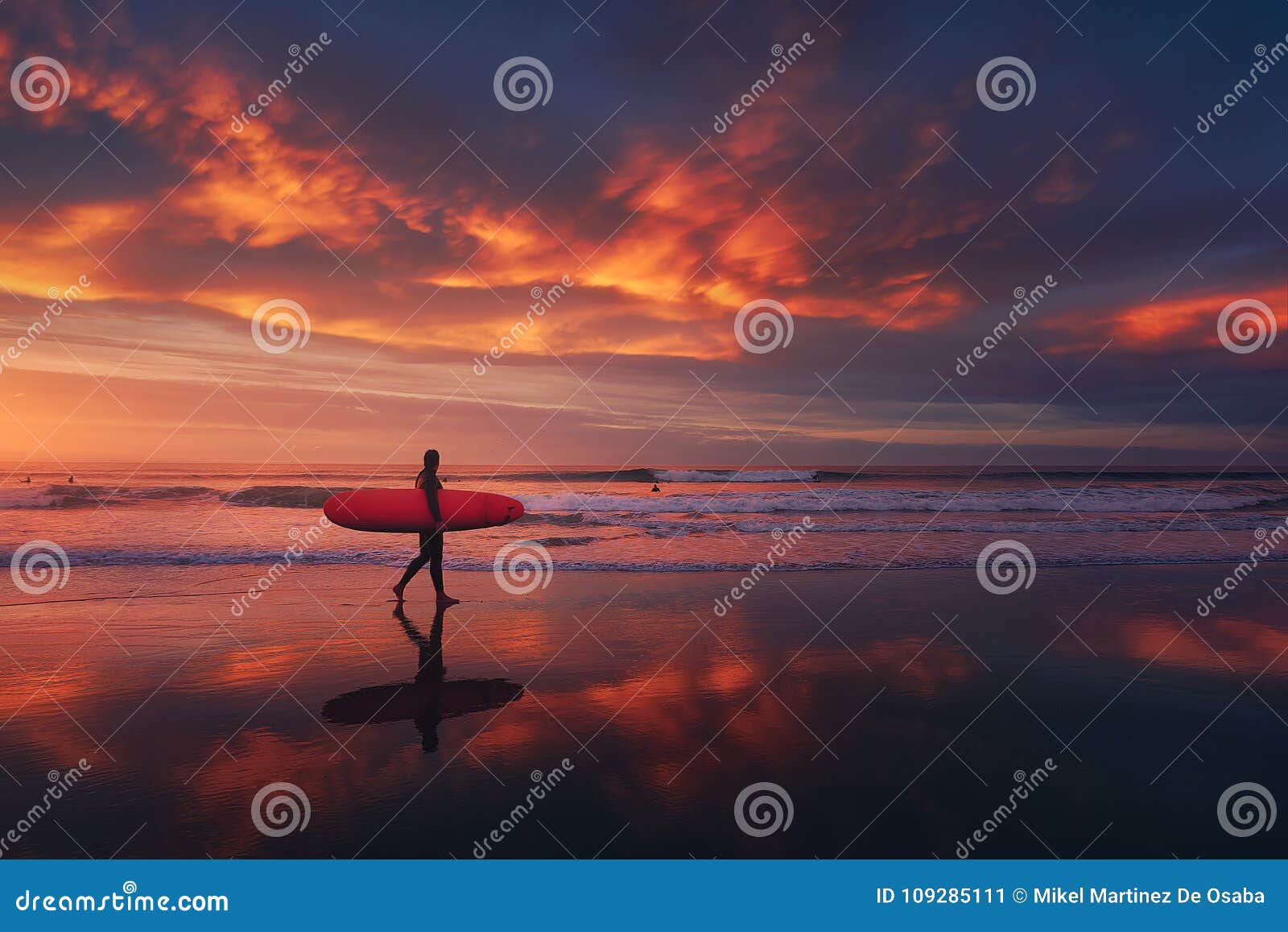 Surfer in the Beach at Sunset with Red Sky Stock Image - Image of surf ...