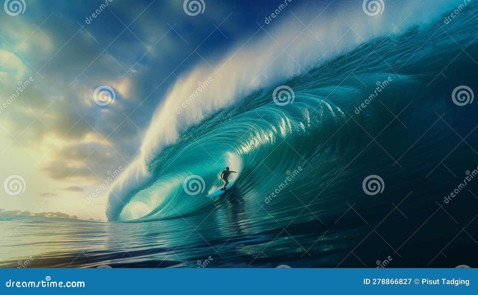 Surfer in Ocean Wave at Sunset with AI Generated. Stock Illustration ...