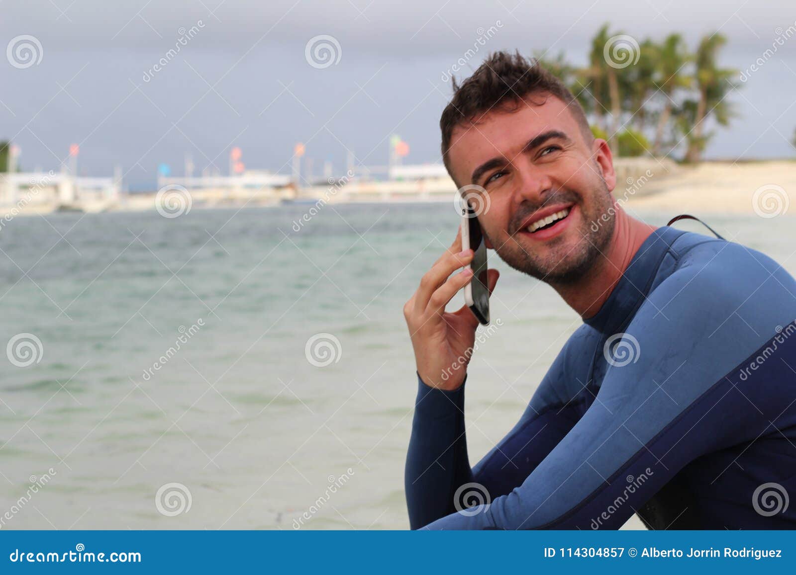 Surfer Calling by Phone from the Beach Stock Image - Image of healthy ...