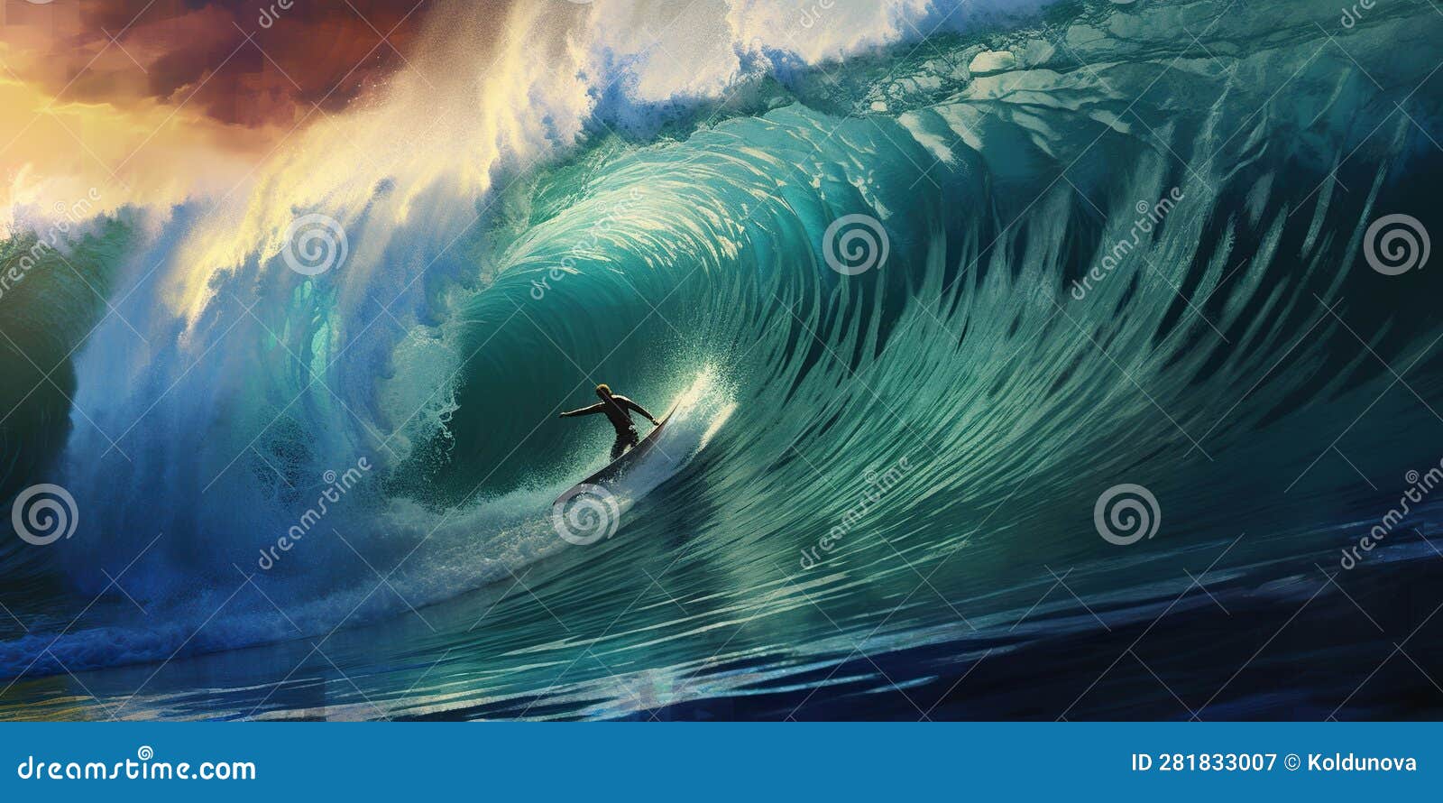 Surfer Catching Wave in Ocean, Concept of Oceanic Currents, Created ...
