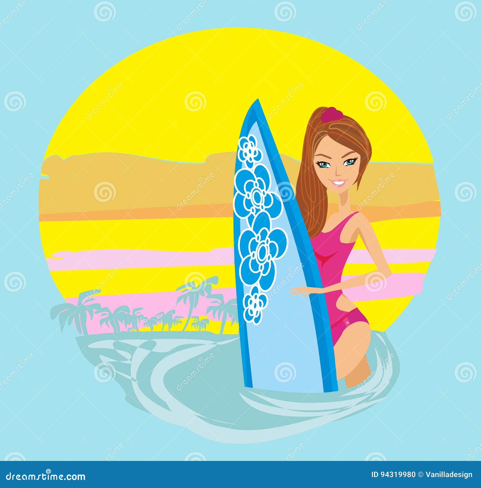 Surfer Girl on a Beach Icon Stock Vector - Illustration of serene ...