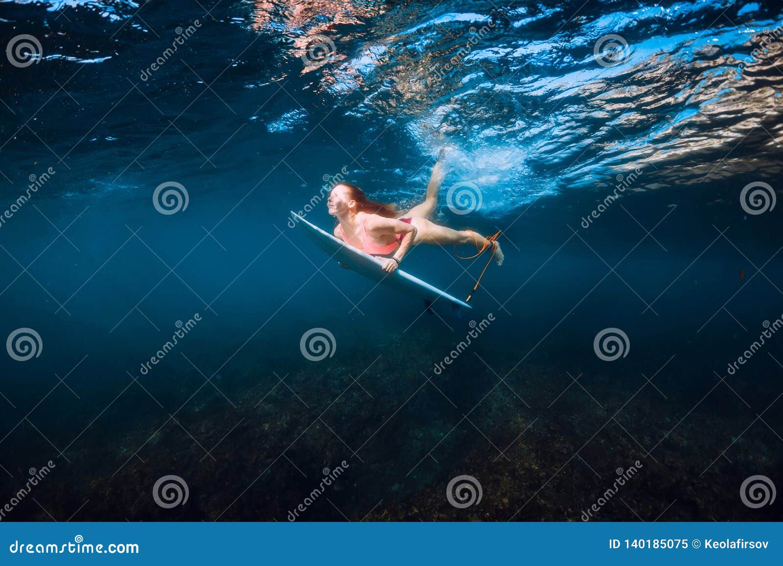 Surfer Girl with Surfboard Dive Underwater in Ocean Stock Image - Image ...
